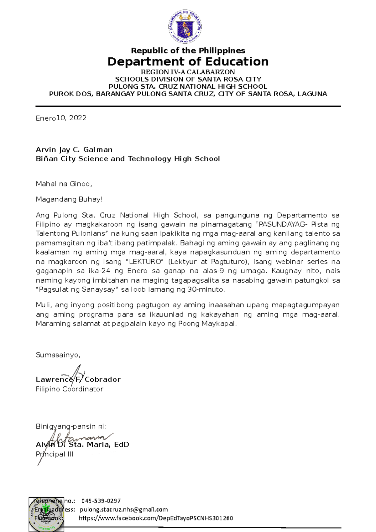 Invitation Letter-Arjay - Republic of the Philippines Department of ...