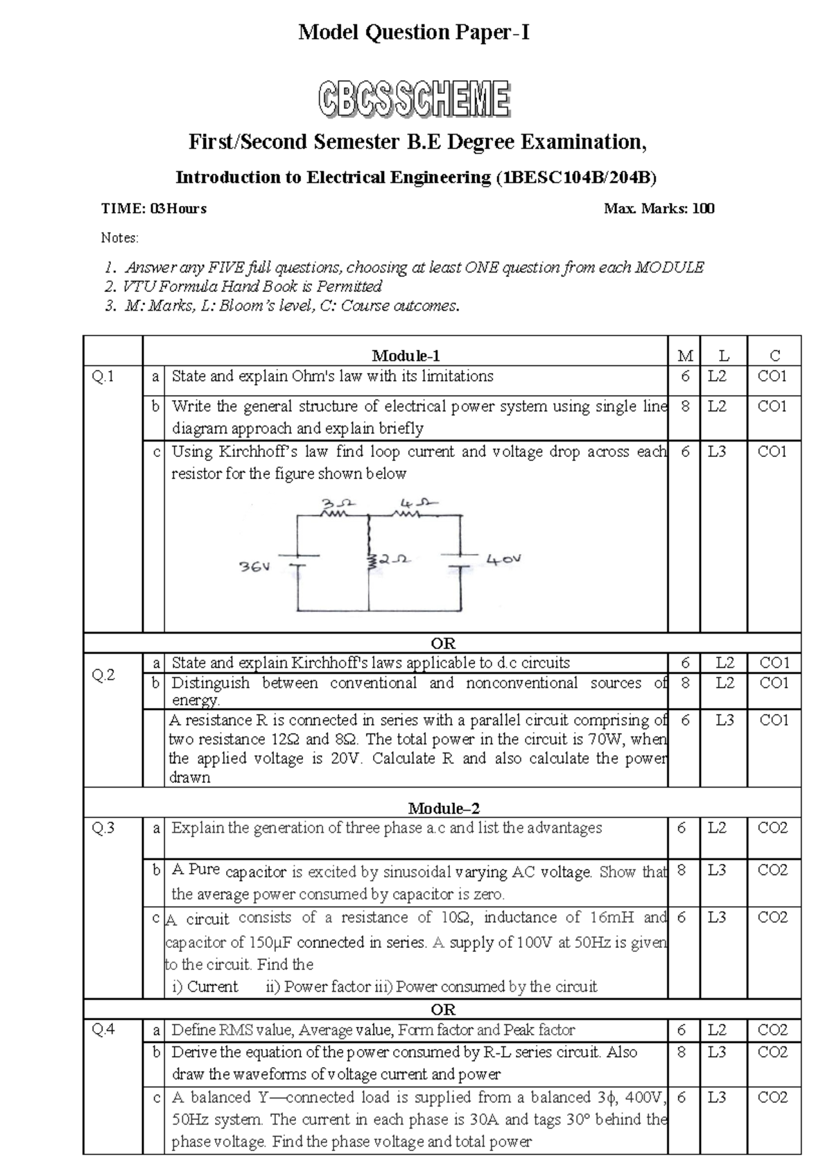 Model Question Paper for B.E. Degree Exam: Intro to Electrical Engg ...