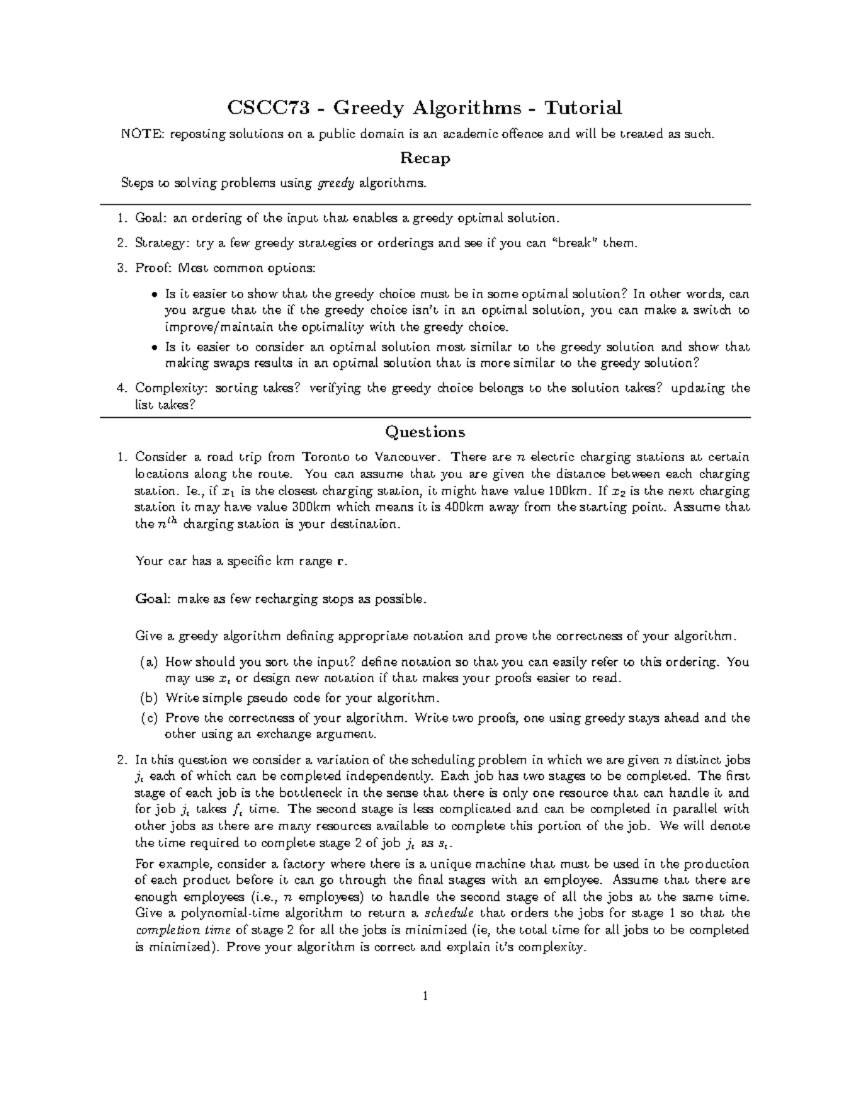 CSCC73 Greedy Algorithms Tutorial: Key Concepts & Problem Solving - Studocu
