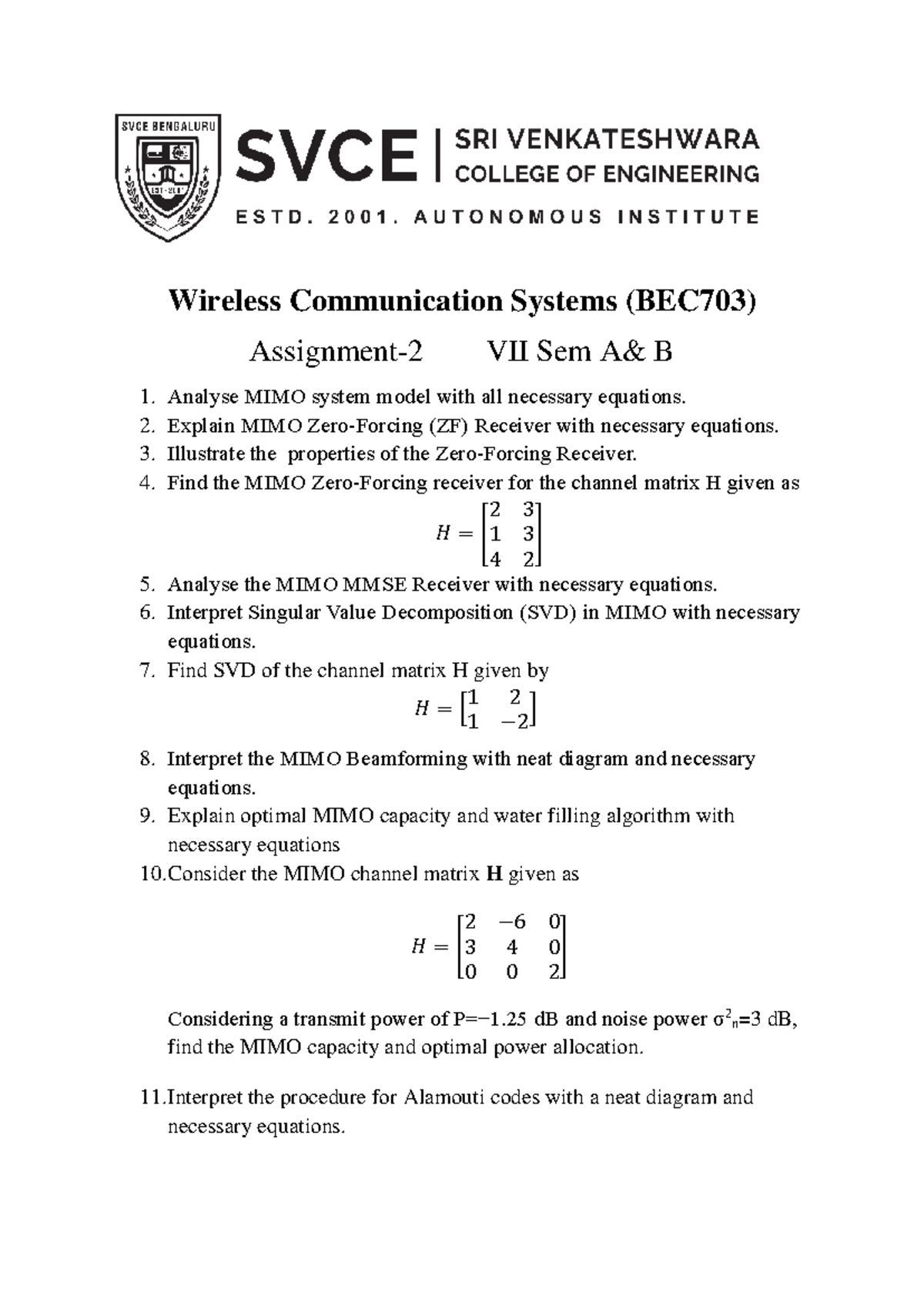 WCS (BEC703) Question Bank: MIMO Systems Analysis & Equations - Studocu