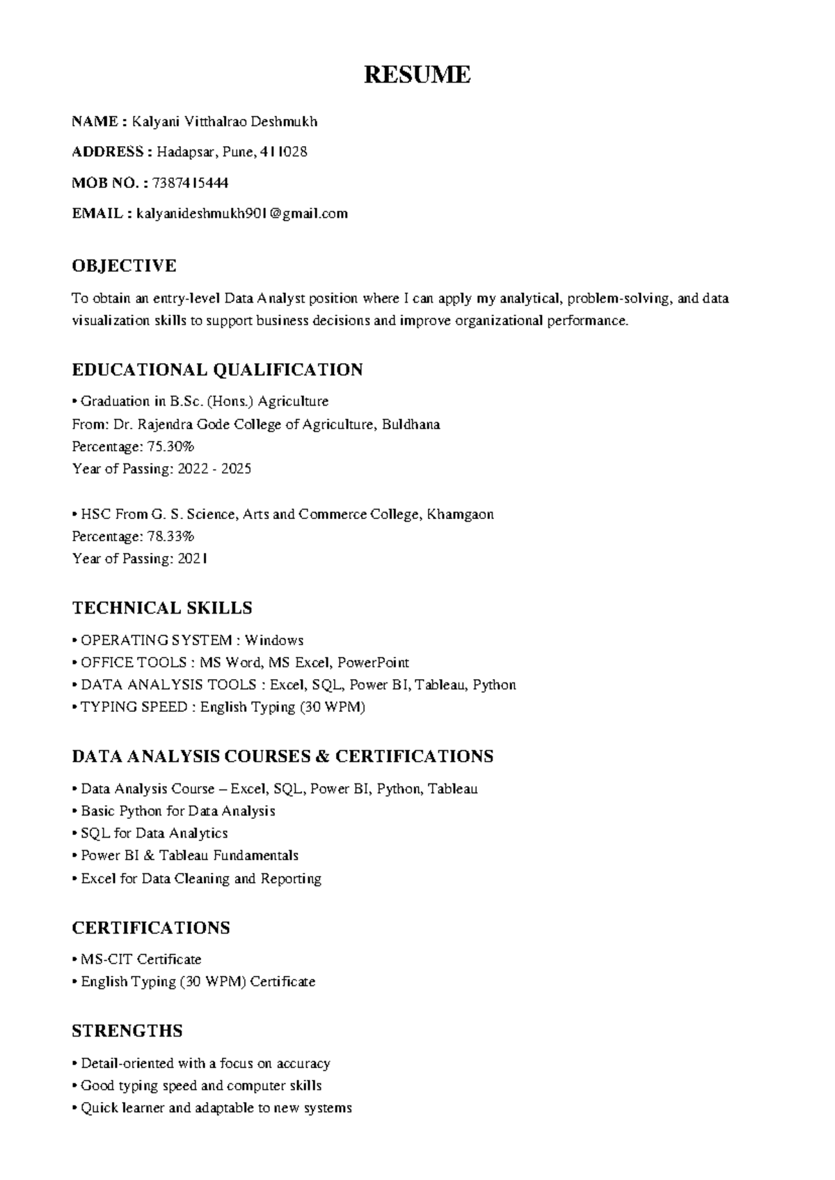 Kalyani Deshmukh Resume for Data Analyst Position - Studocu