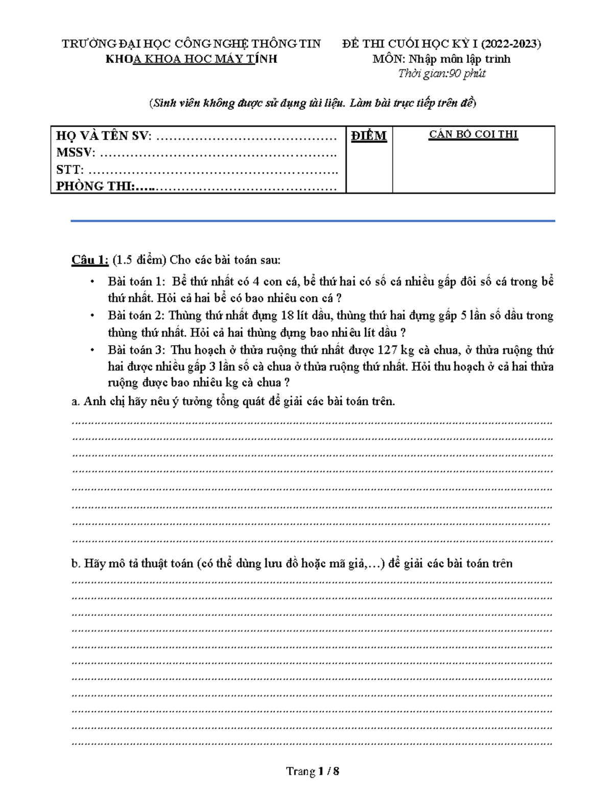 Đề Thi Cuối Học Kỳ I 2022-2023 - Nhập Môn Lập Trình (DE THI NMLT) - Studocu