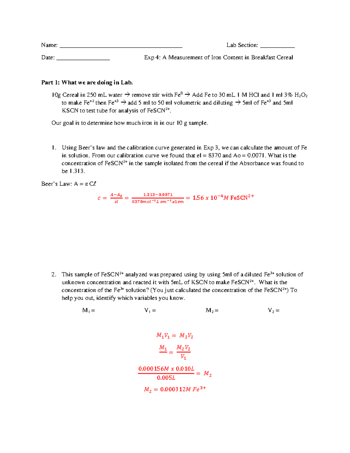 Experiment 4 Iron in Cereal Pre Lab Answer Key - Name: Date: Lab ...