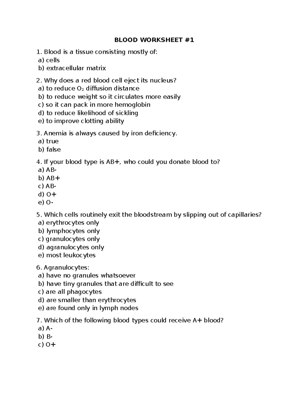 Blood Worksheet 1: Key Concepts and Questions on Hematology - Studocu