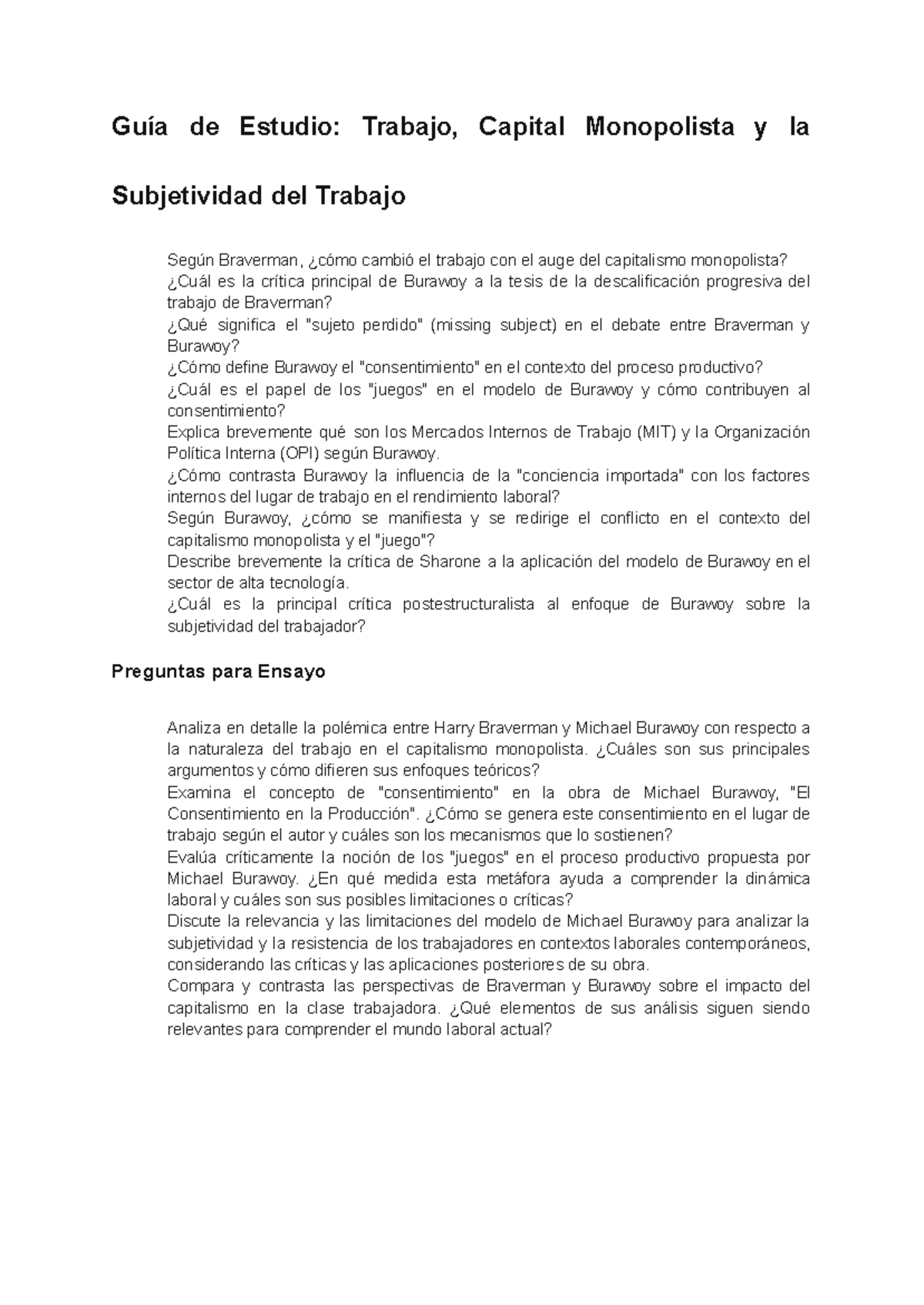 Guía de Estudio: Preguntas sobre Burawoy y Braverman en el Capitalismo ...