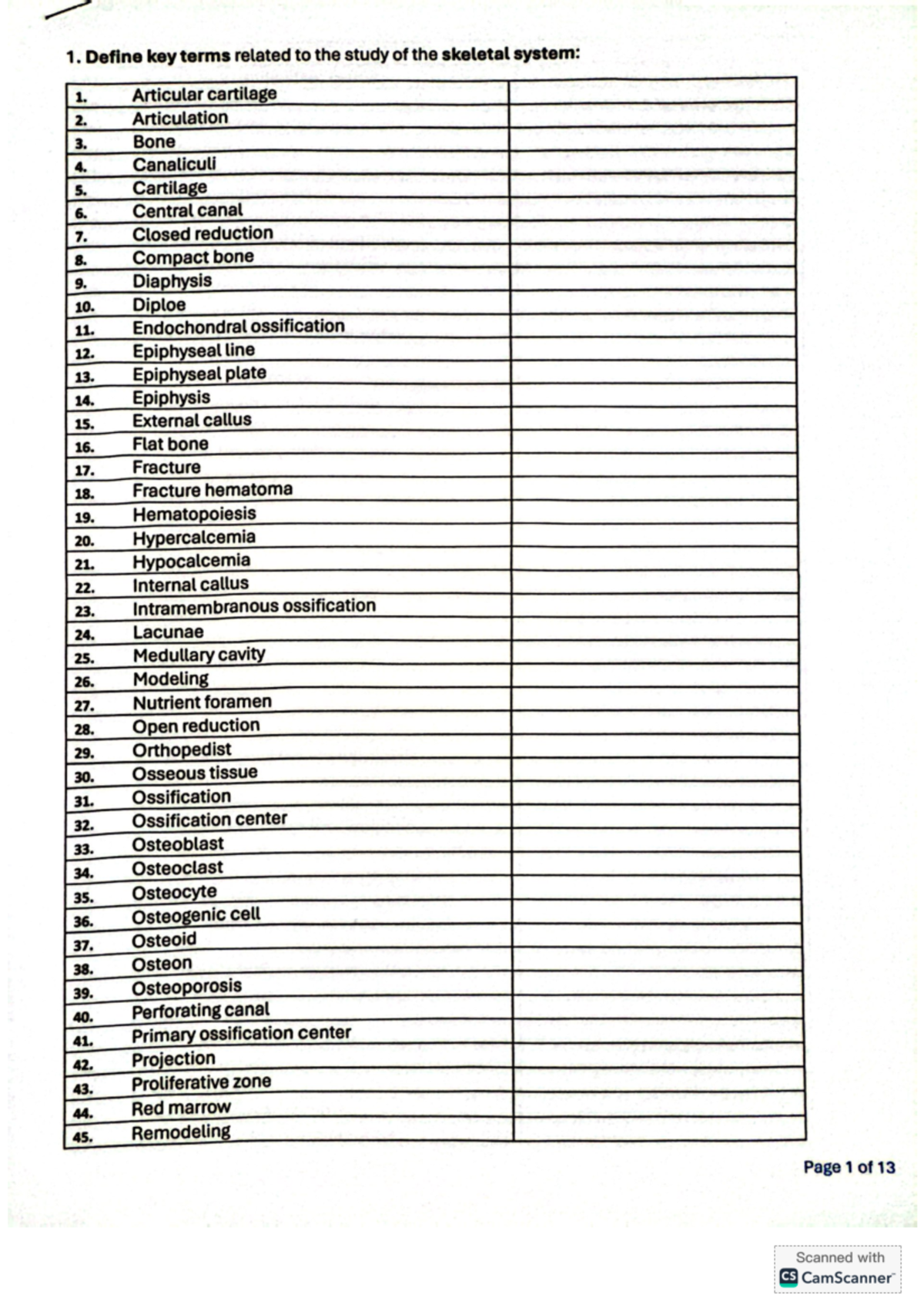 Skeletal System Activities 2 - 1. Define key terms related to the study ...