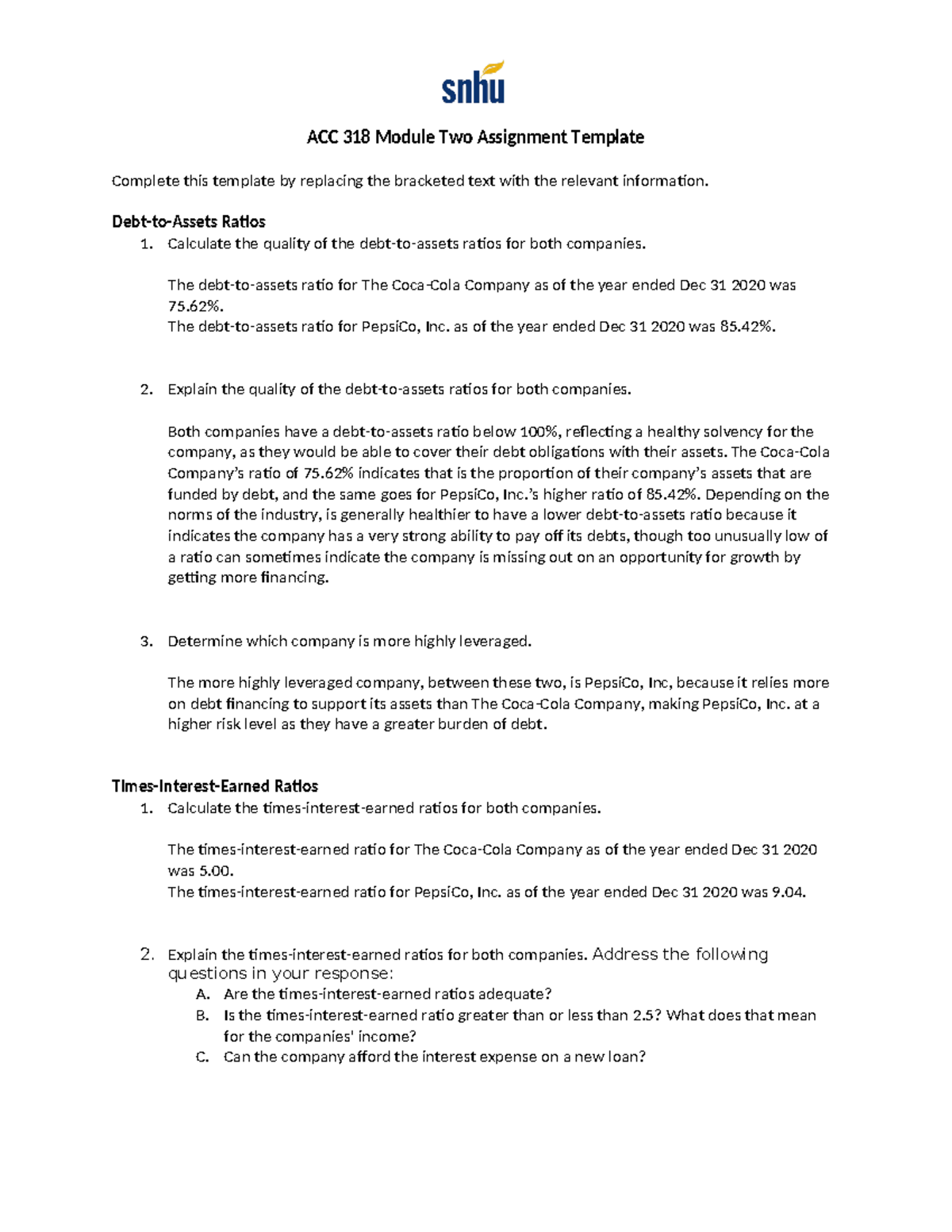 ACC 318 Module Two Assignment - Debt-to-Assets Ratios 1. Calculate the ...