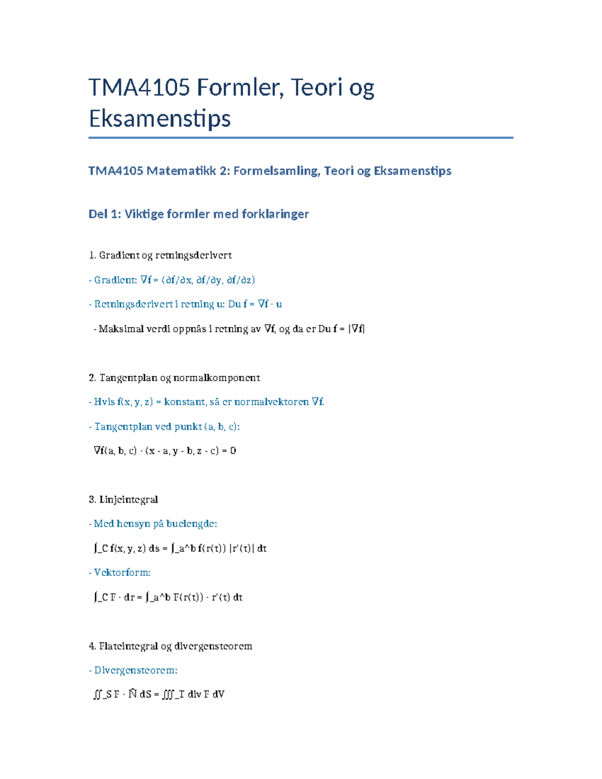 TMA4105 Matematikk 2: Formelsamling og Eksamenstips Guide - Studocu