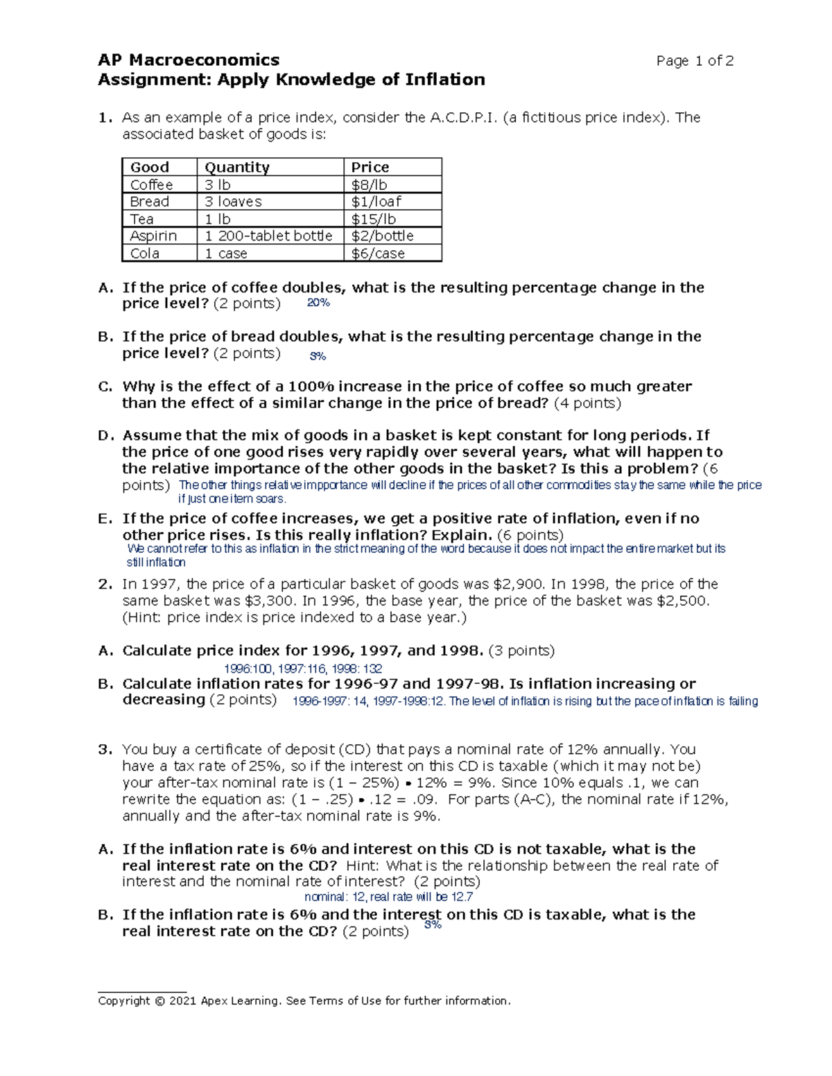 AP Macroeconomics Assignment: Understanding Inflation Concepts (B0658 ...