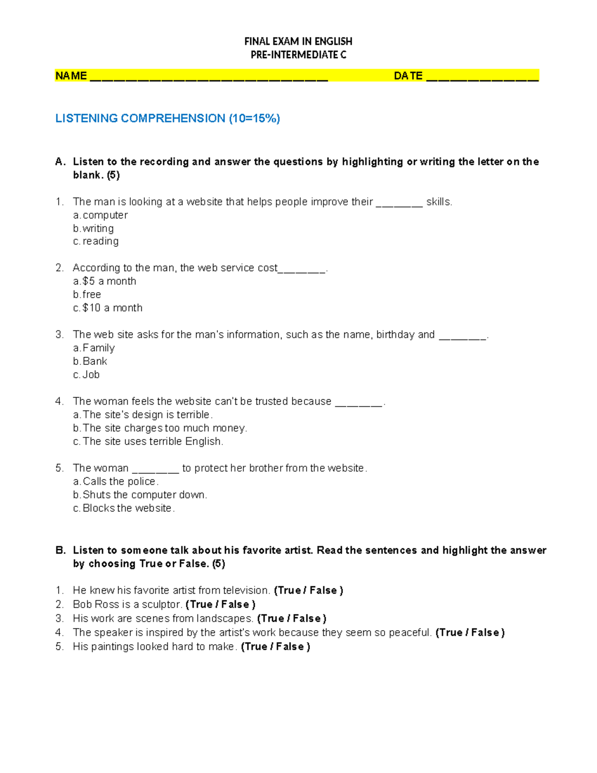 FINAL EXAM IN ENGLISH C: LISTENING & USE OF ENGLISH - Studocu
