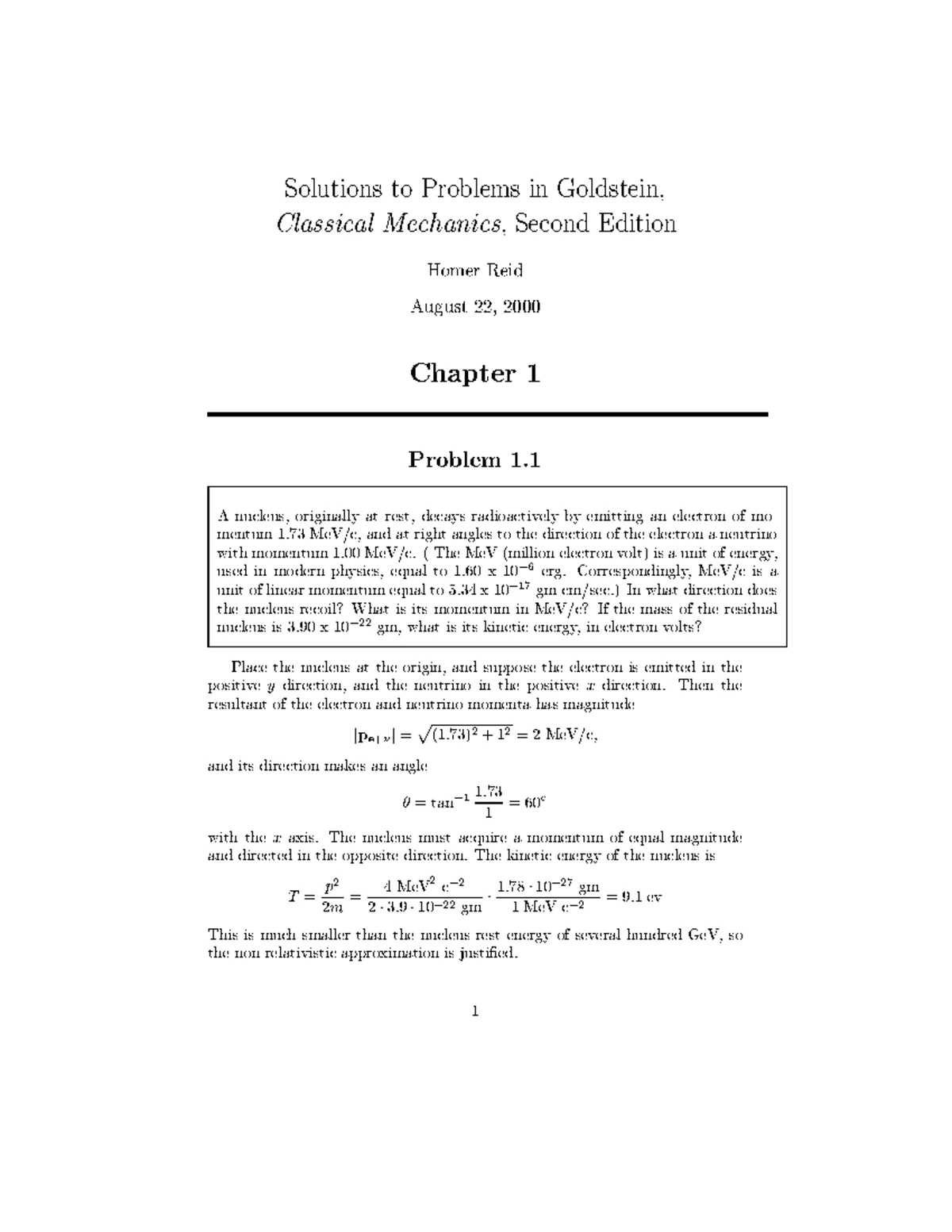 [Solution Manual] Classical Mechanics, Goldstein - Goldstein Classical ...