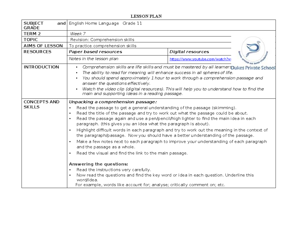Grade 11 English Home Language Lesson Plan: Comprehension Skills ...