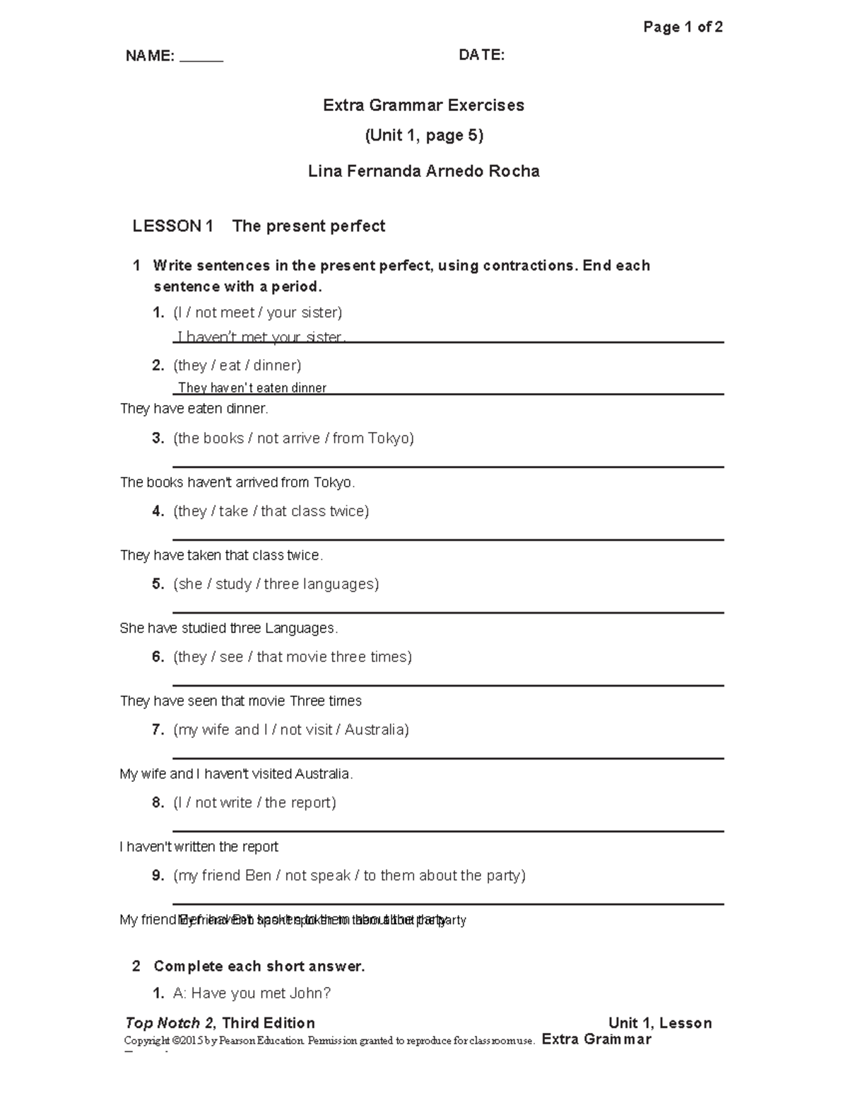 Extra Grammar Unit 1 Lina Arnedo - NAME: DATE: Top Notch 2, Third Edition Unit 1, Lesson ...