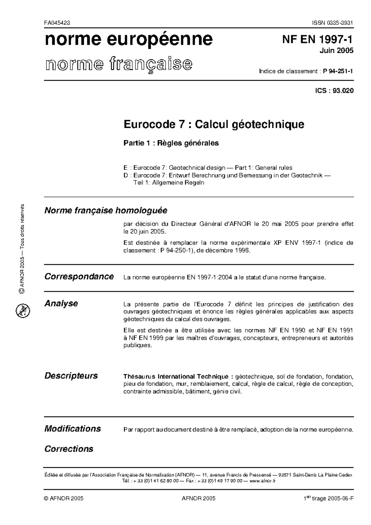 NF EN 1997-1 - Eurocode 7 : Règles Générales de Calcul Géotechnique - Studocu