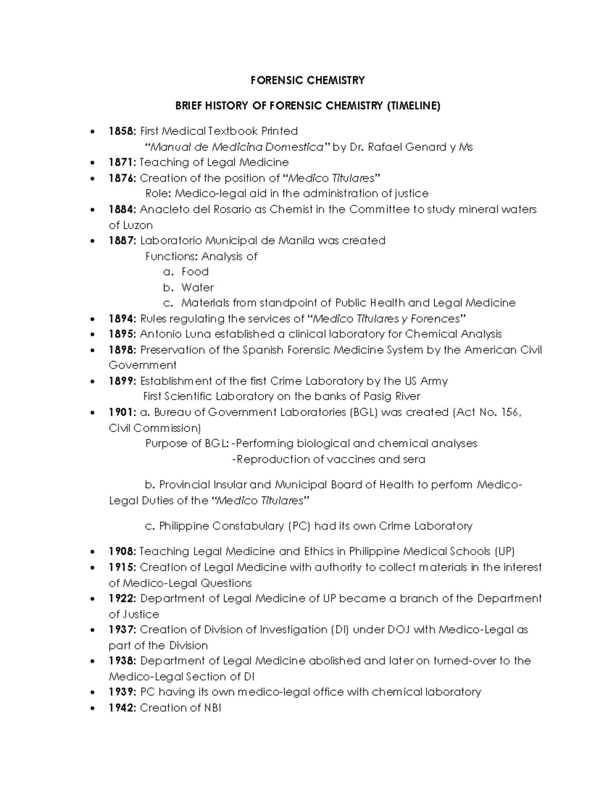 Brief History of Forensic Chemistry (FCHEM-1) - Timeline Overview - Studocu