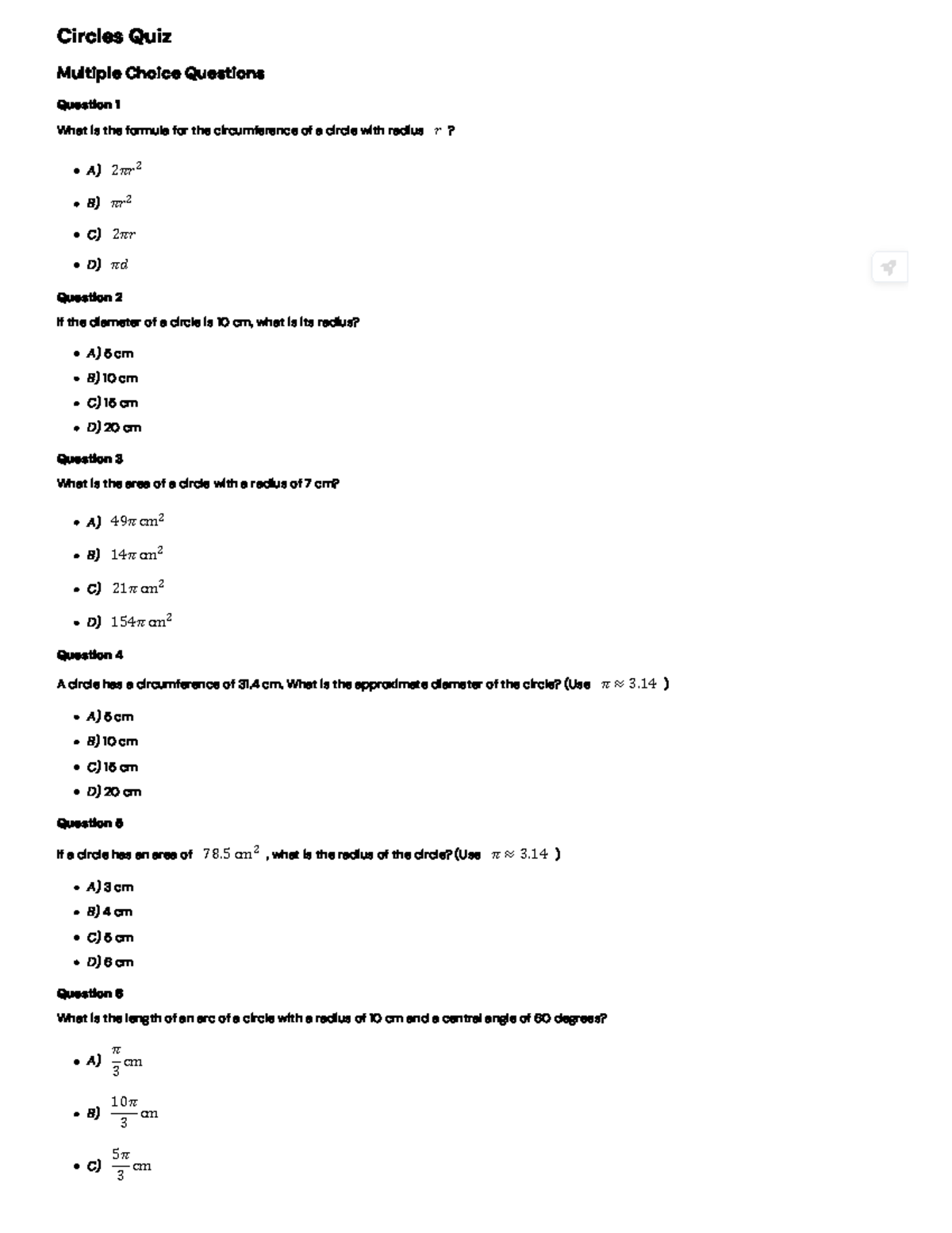 Geometry - Circles Quiz MCQs (Course Code: PS101) - Studocu