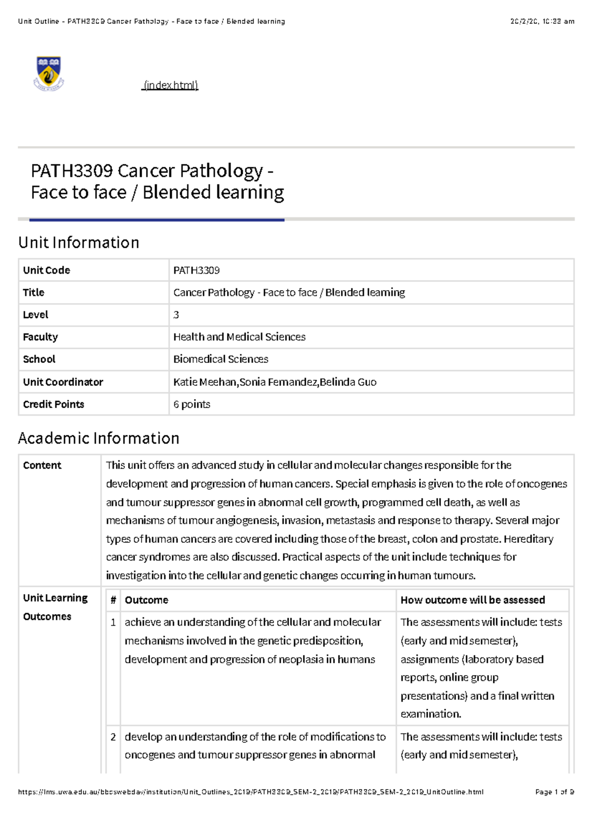 Unit Outline - PATH3309 Cancer Pathology - Face to face : Blended ...