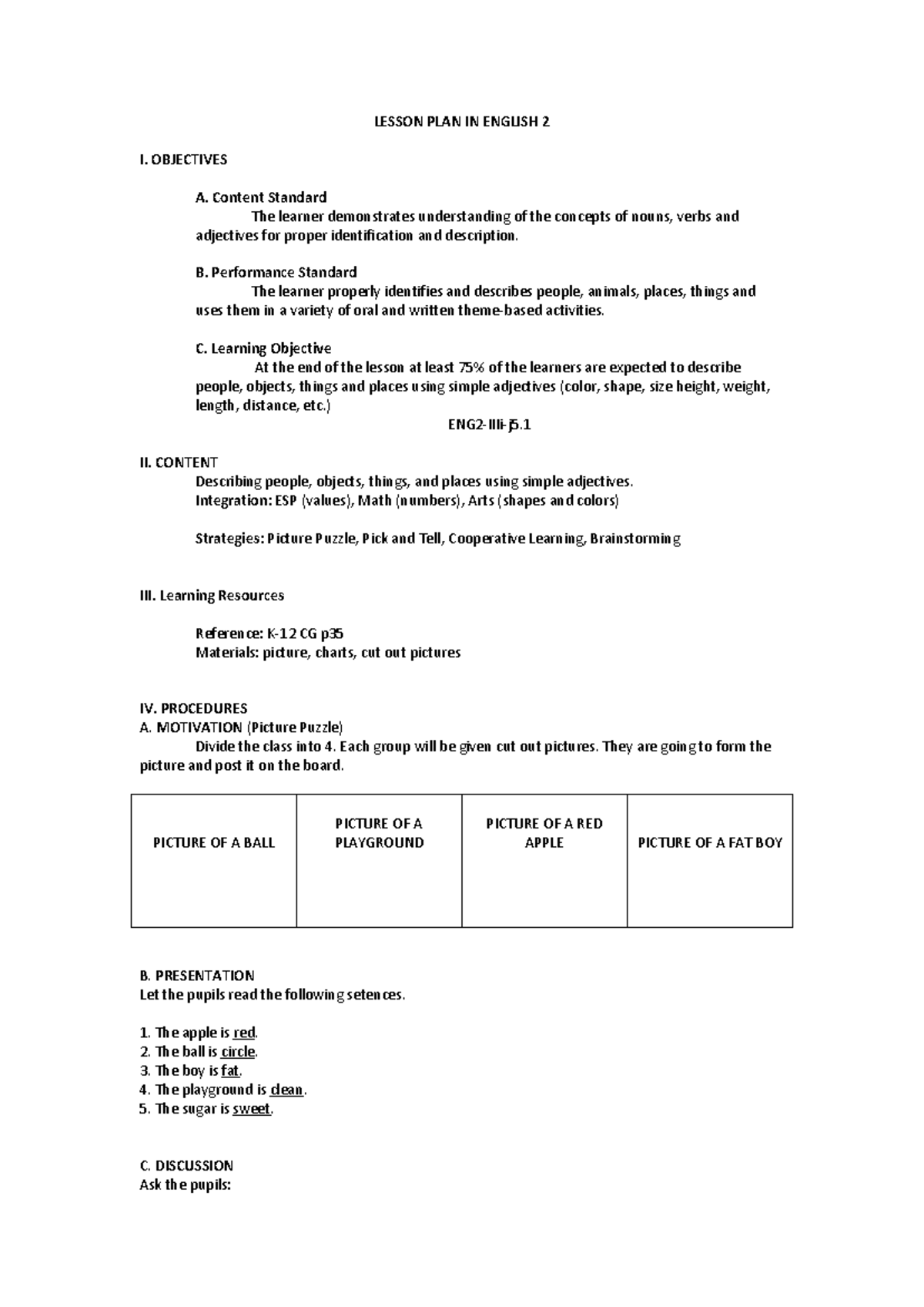 Lesson Plan for English 2: Describing with Adjectives - Studocu