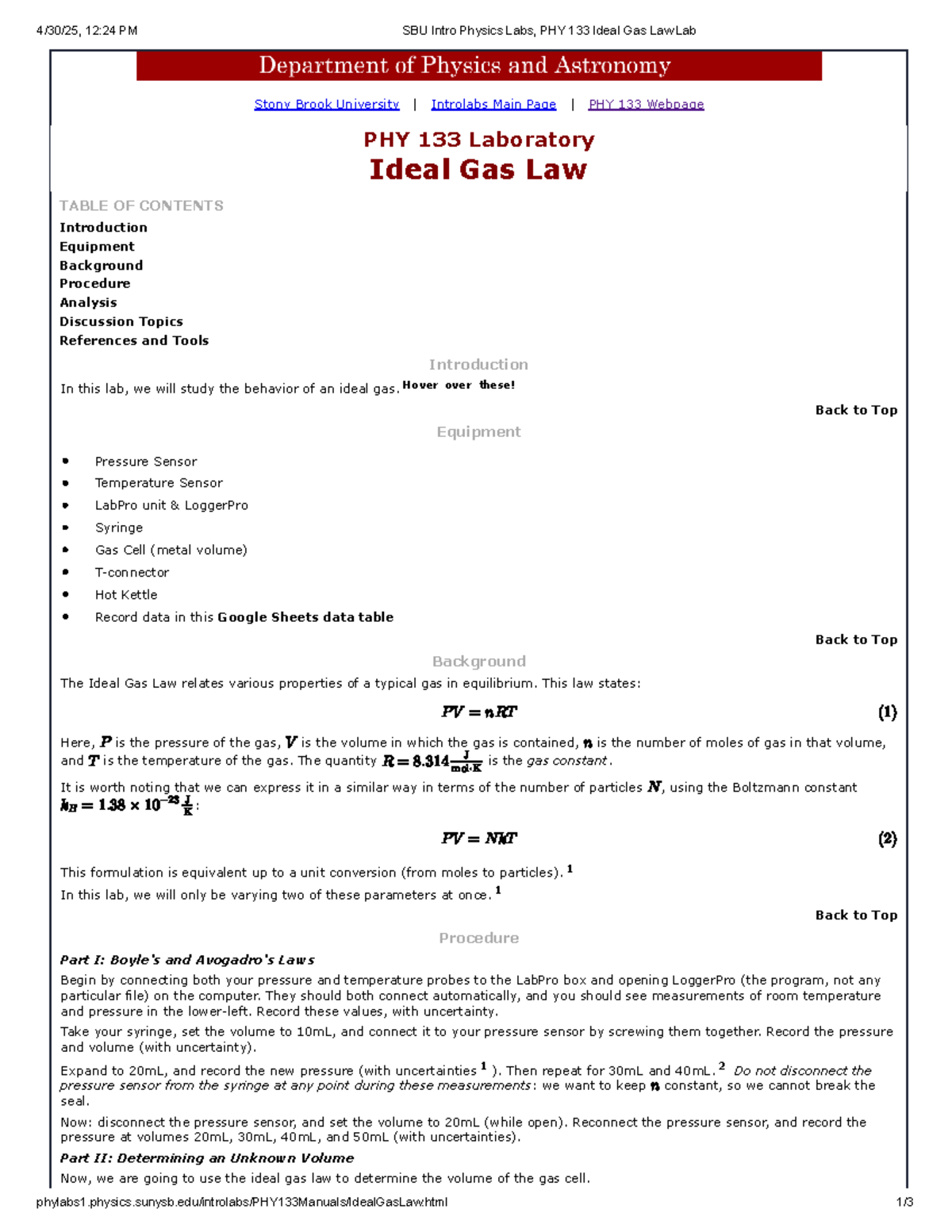 SBU PHY 133 Final Exam Ideal Gas Law Lab Report - Studocu