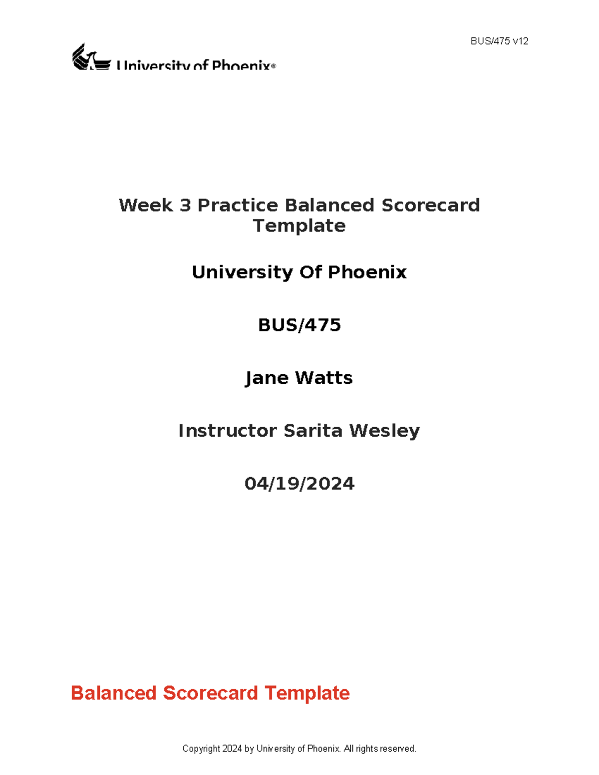 BUS/475 Week 3 Balanced Scorecard Strategy Template - Studocu