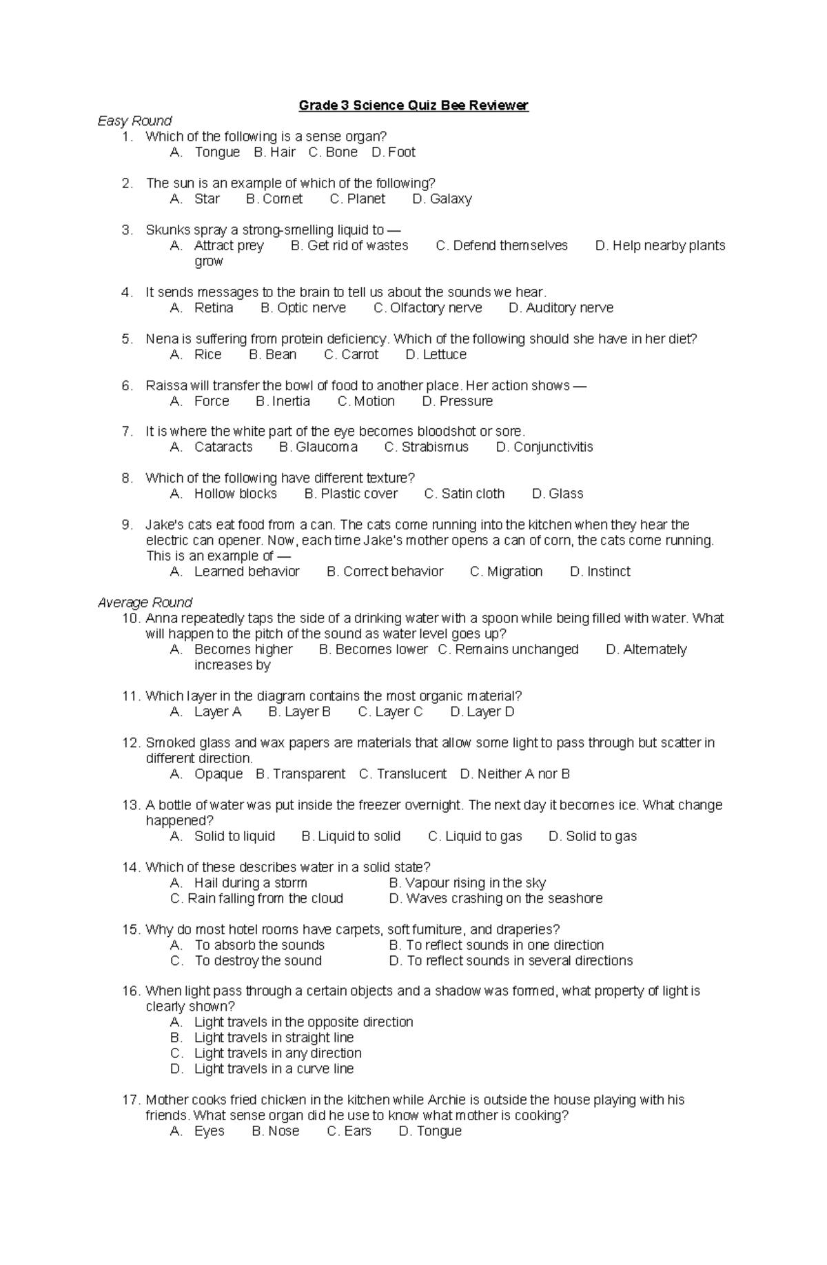 Grade 3 Science Quiz Bee Reviewer: Easy Round 1 Questions - Studocu