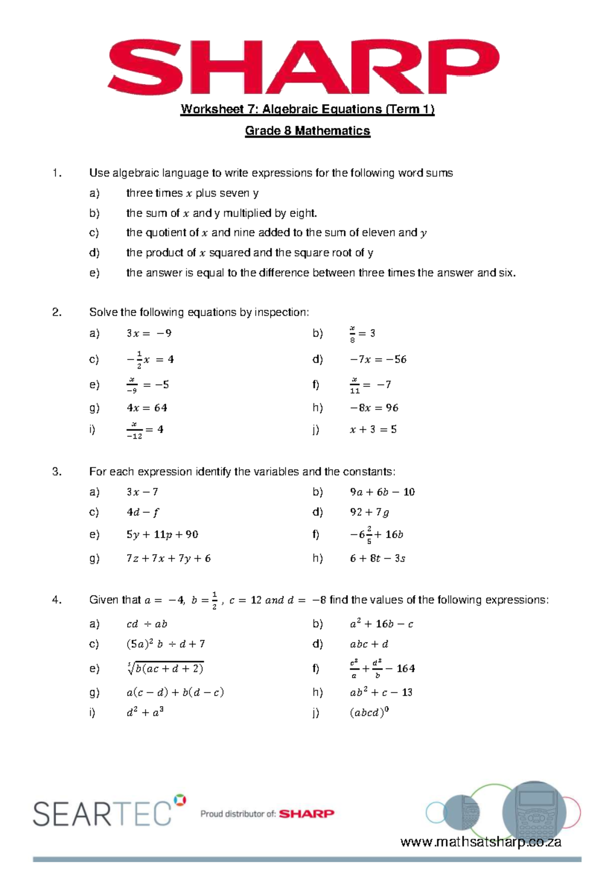 Worksheet 7: Algebraic Equations - Grade 8 Math Term 1 - Studocu
