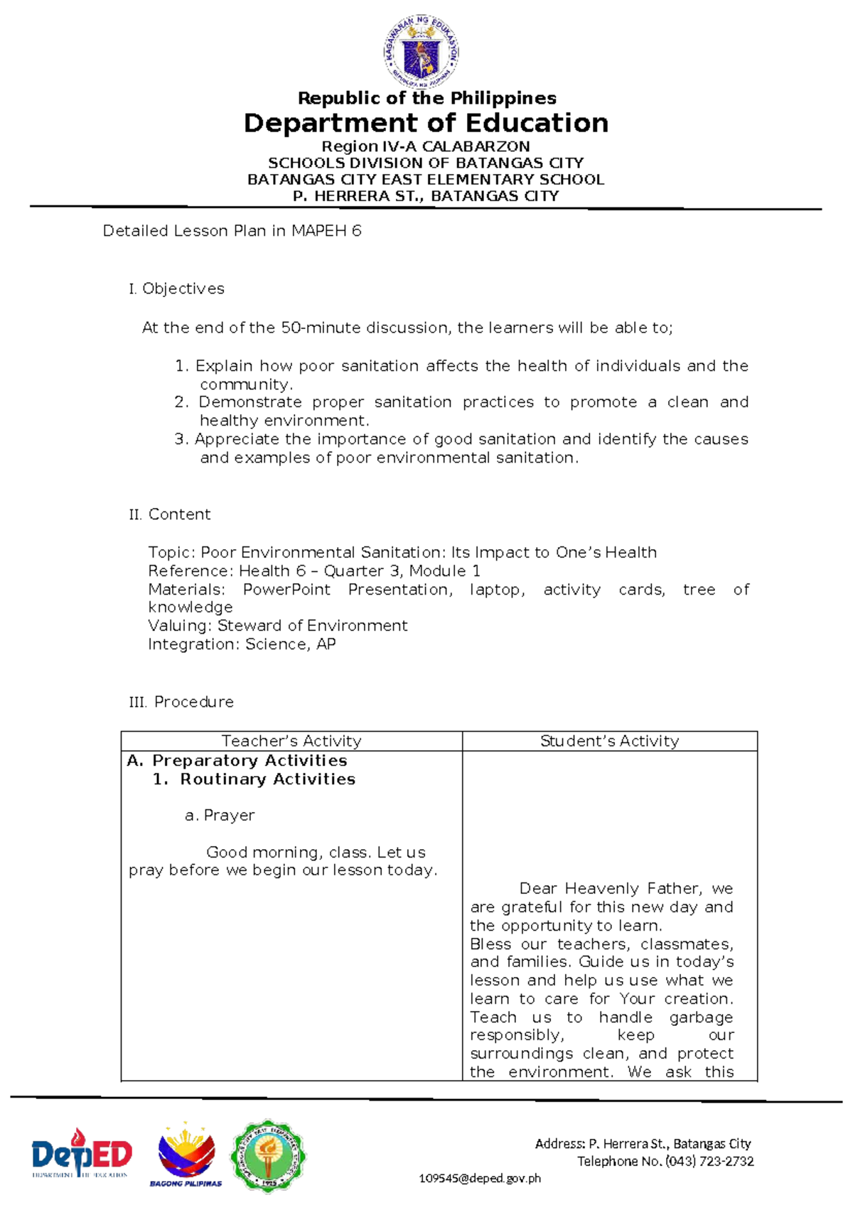 MAPEH 6 Detailed Lesson Plan: Poor Environmental Sanitation Impact ...