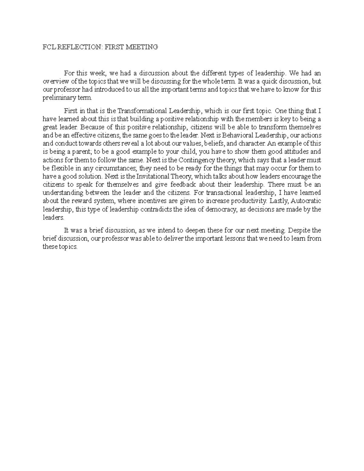 FCL Reflection: Key Leadership Concepts from First Meeting - Studocu