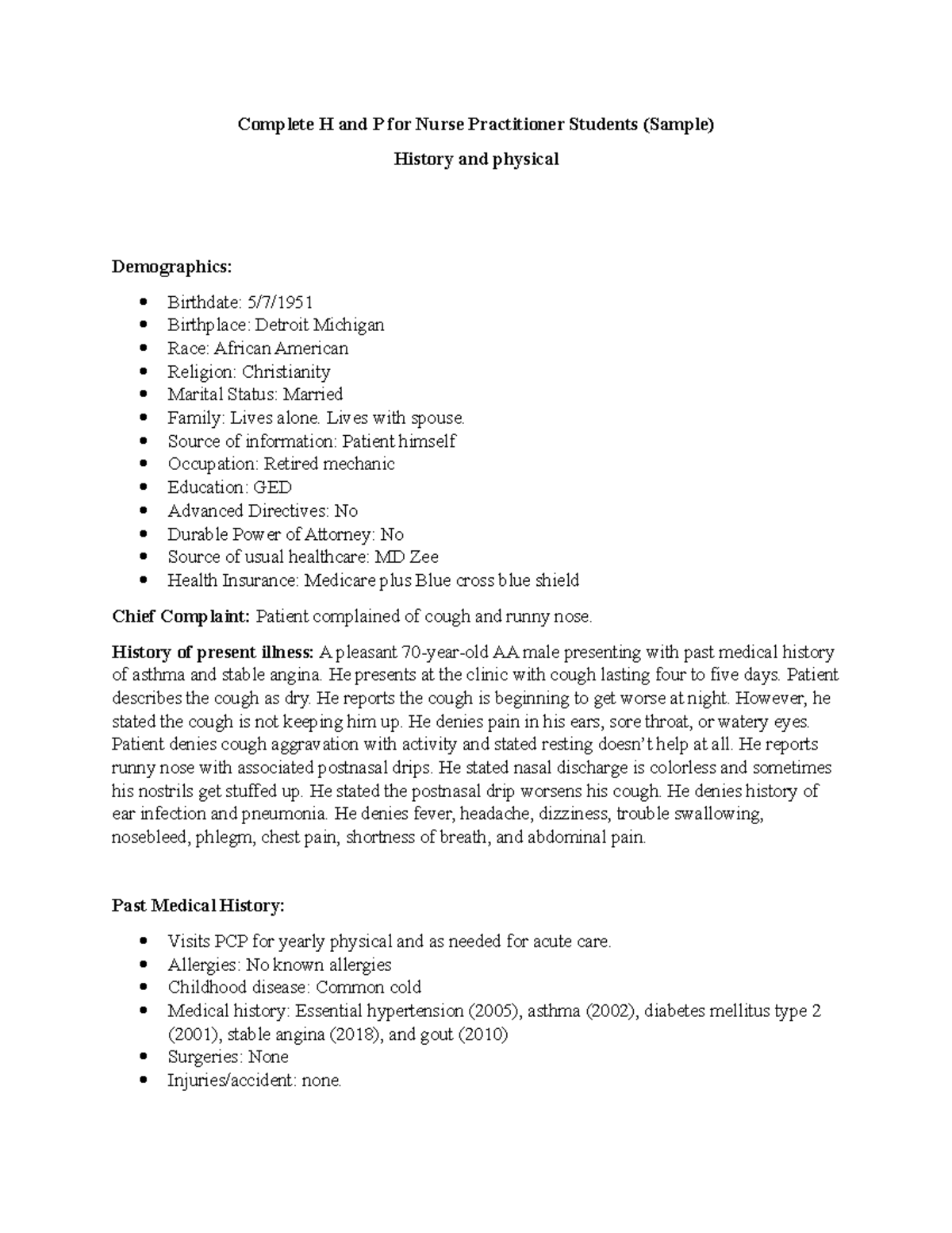 H&P Report for Nurse Practitioners - Sample Document - Studocu