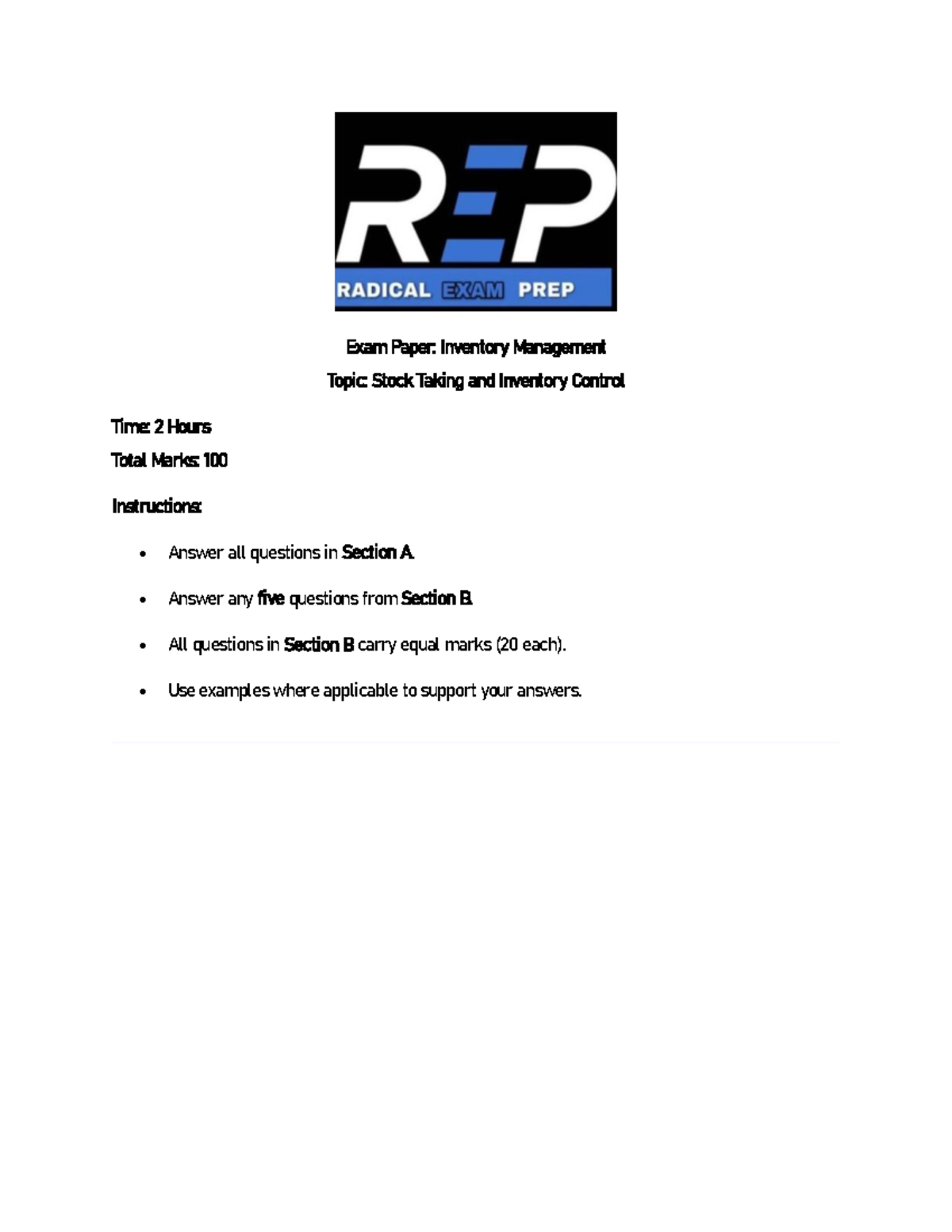 Inventory Management (IM 101): Stock Taking Exam Paper - Studocu