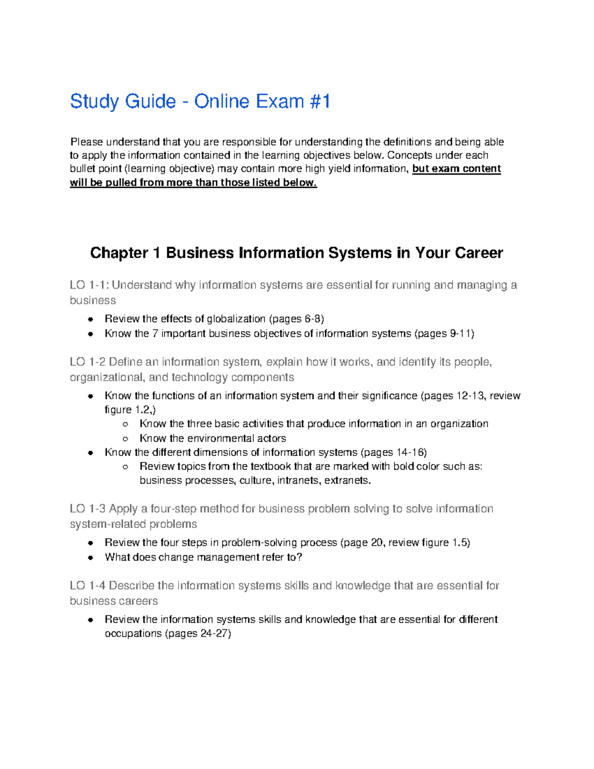 Study Guide for Business Information Systems Exam (Online Exam #1 ...
