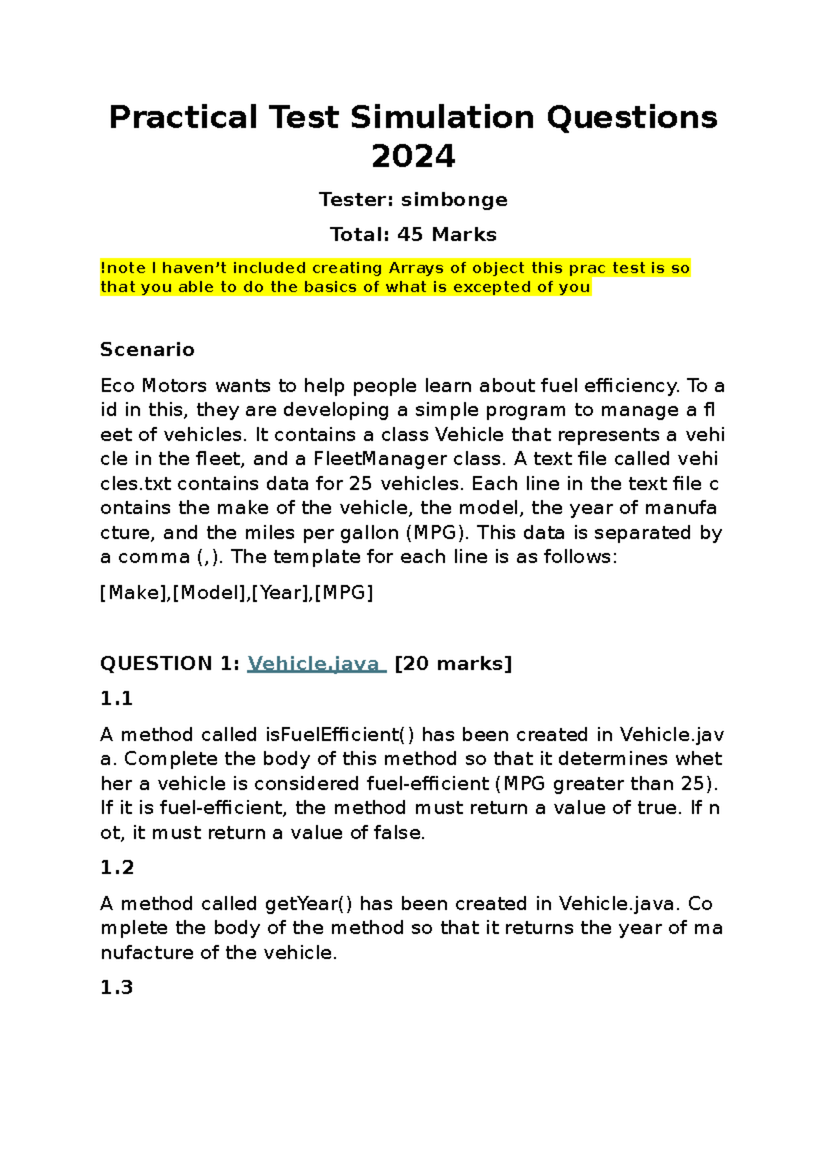 Practical Test Simulation Questions 2024 - Vehicle Management - Studocu