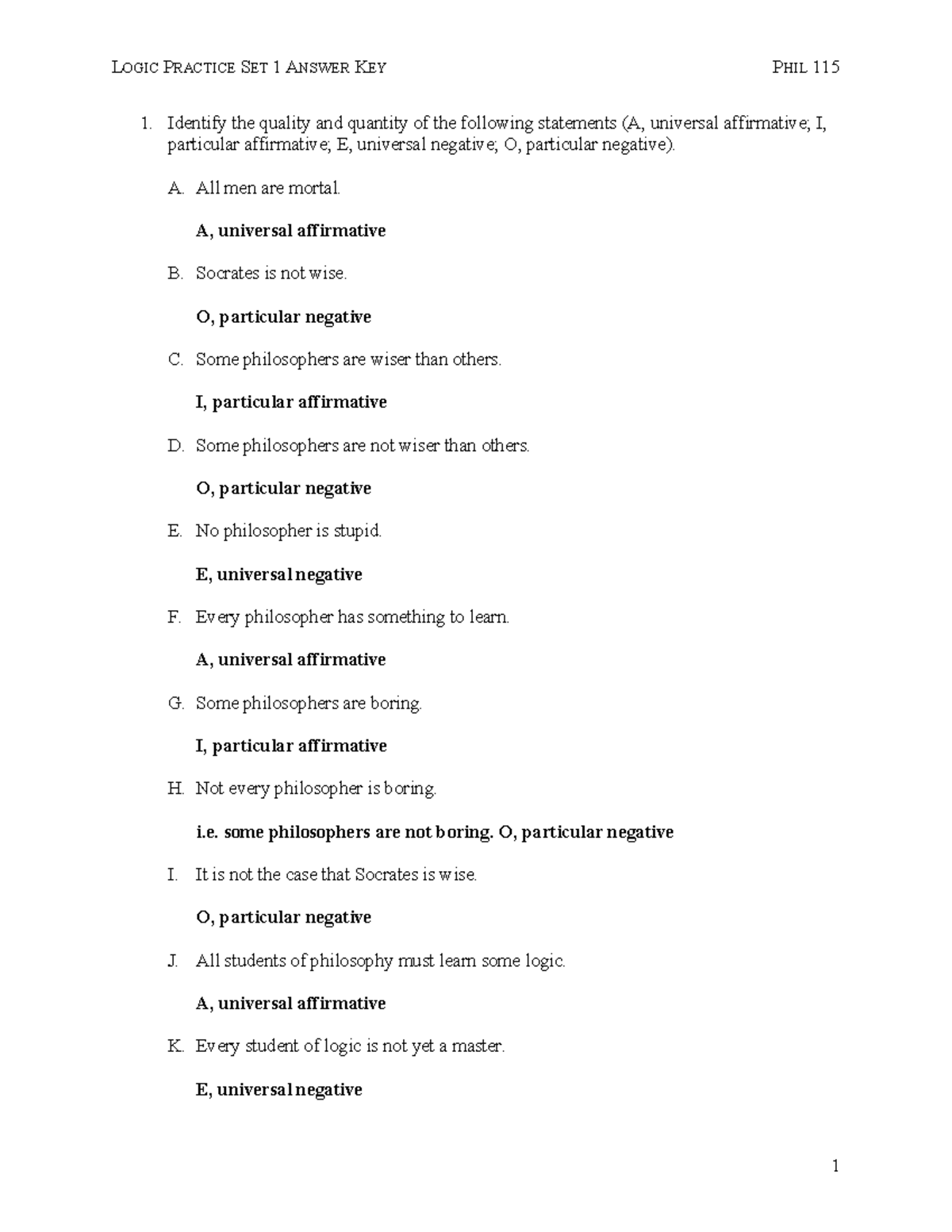 Logic Practice Set 1 Answer Key - PHIL 115 - Studocu