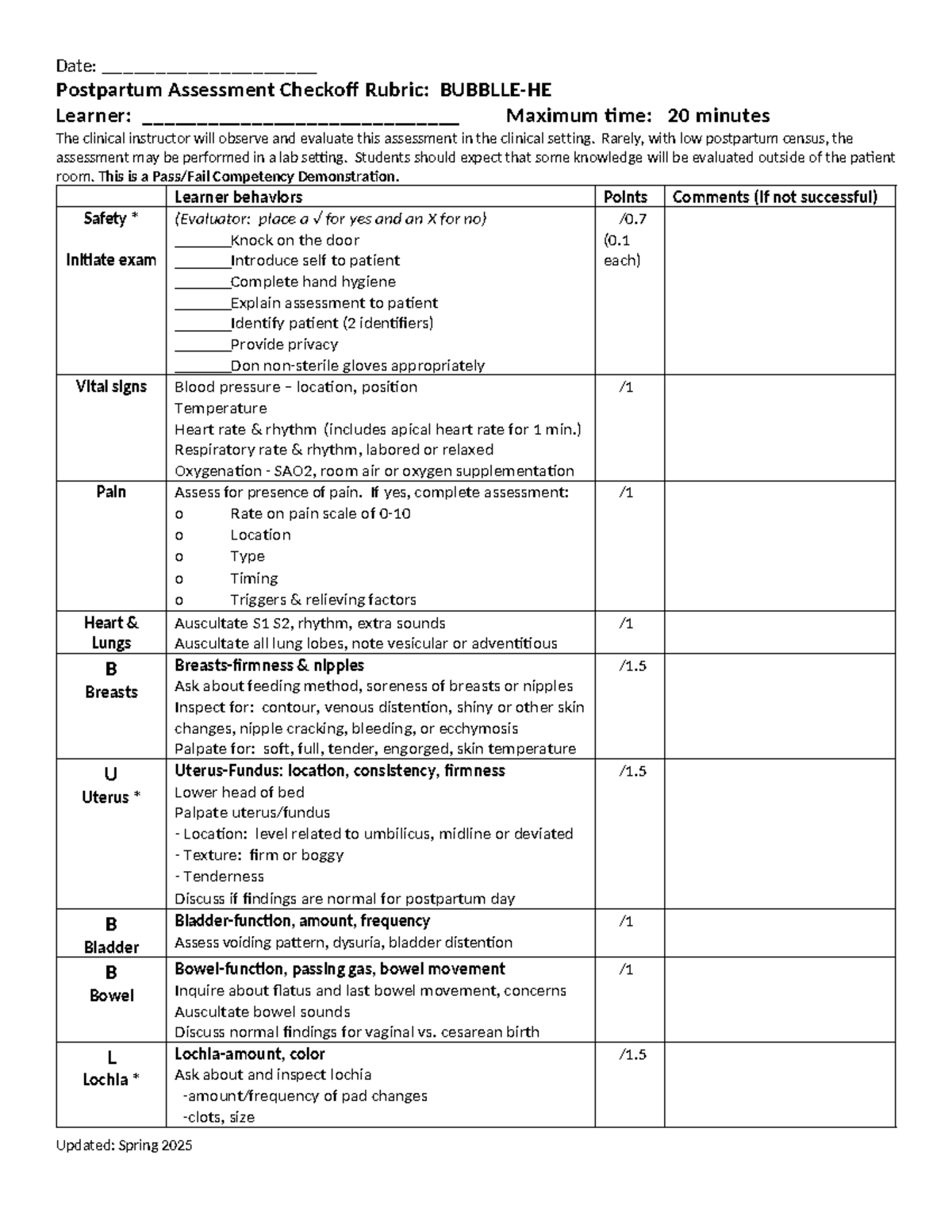Postpartum Assessment Checkoff Rubric: SP25 Competency Evaluation - Studocu