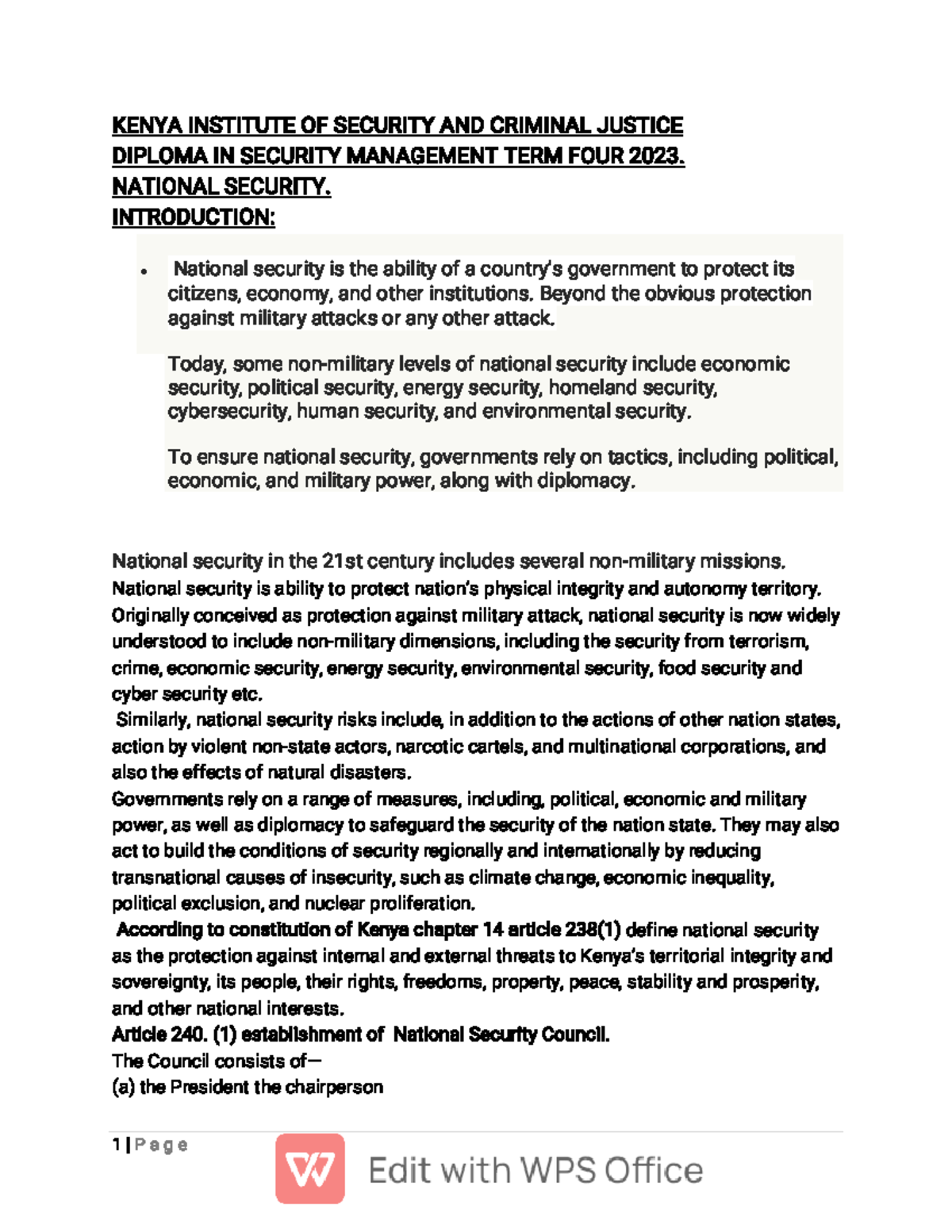 National Security Overview - Diploma in Security Management (TERM 4 ...
