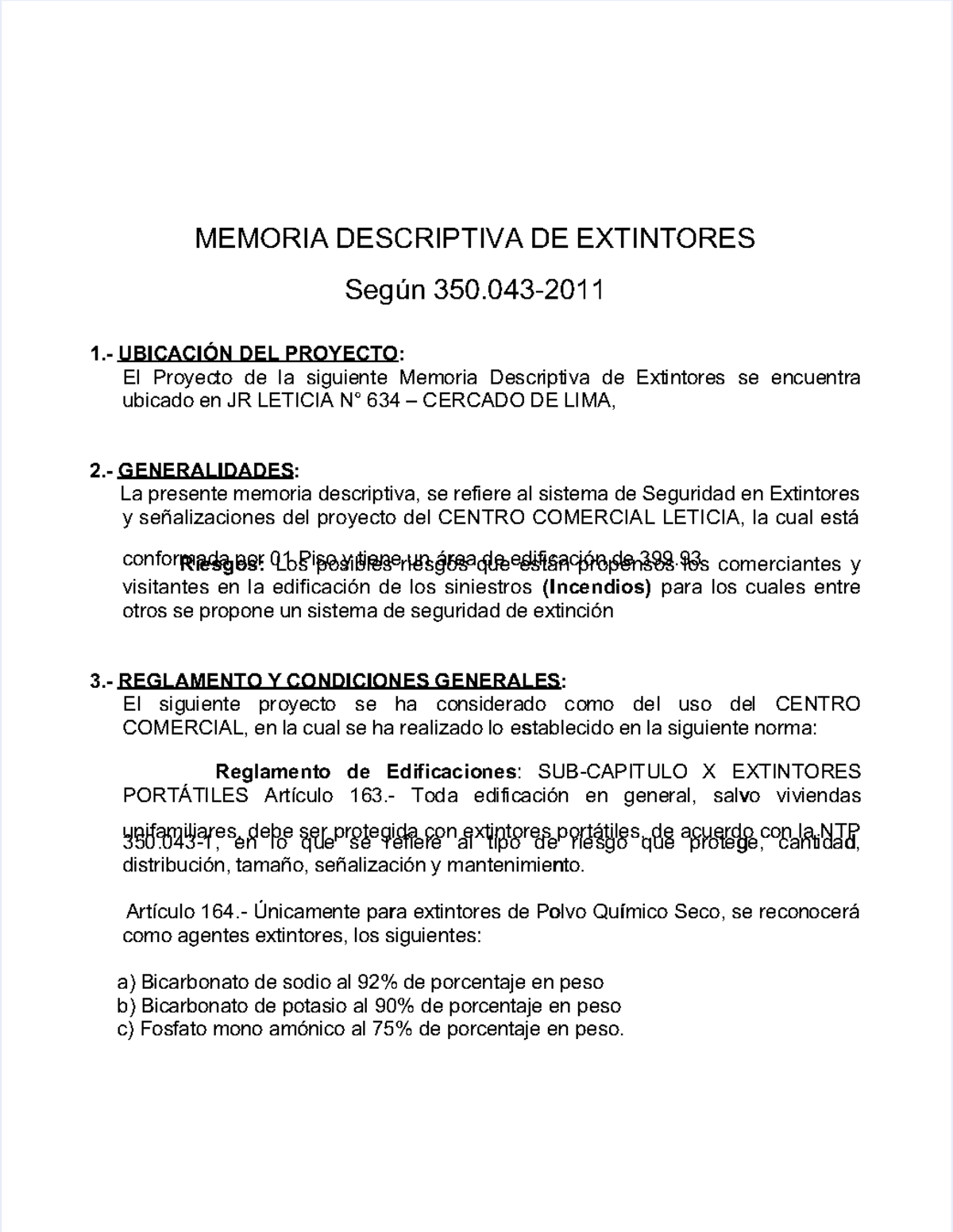 Memoria Descriptiva de Extintores y Seguridad - NTP 350.043-2011 - Studocu