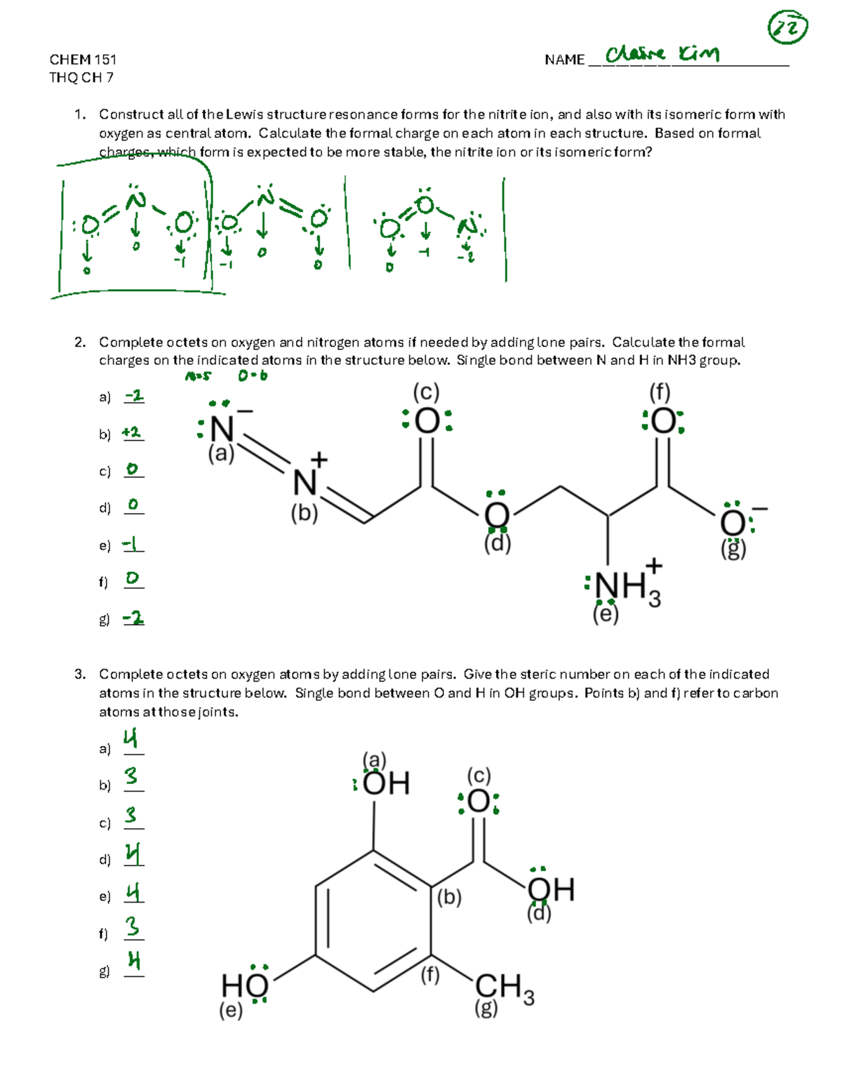 C151 F25 CH07 THQ 2 - Lewis Structures & Formal Charges Analysis - Studocu