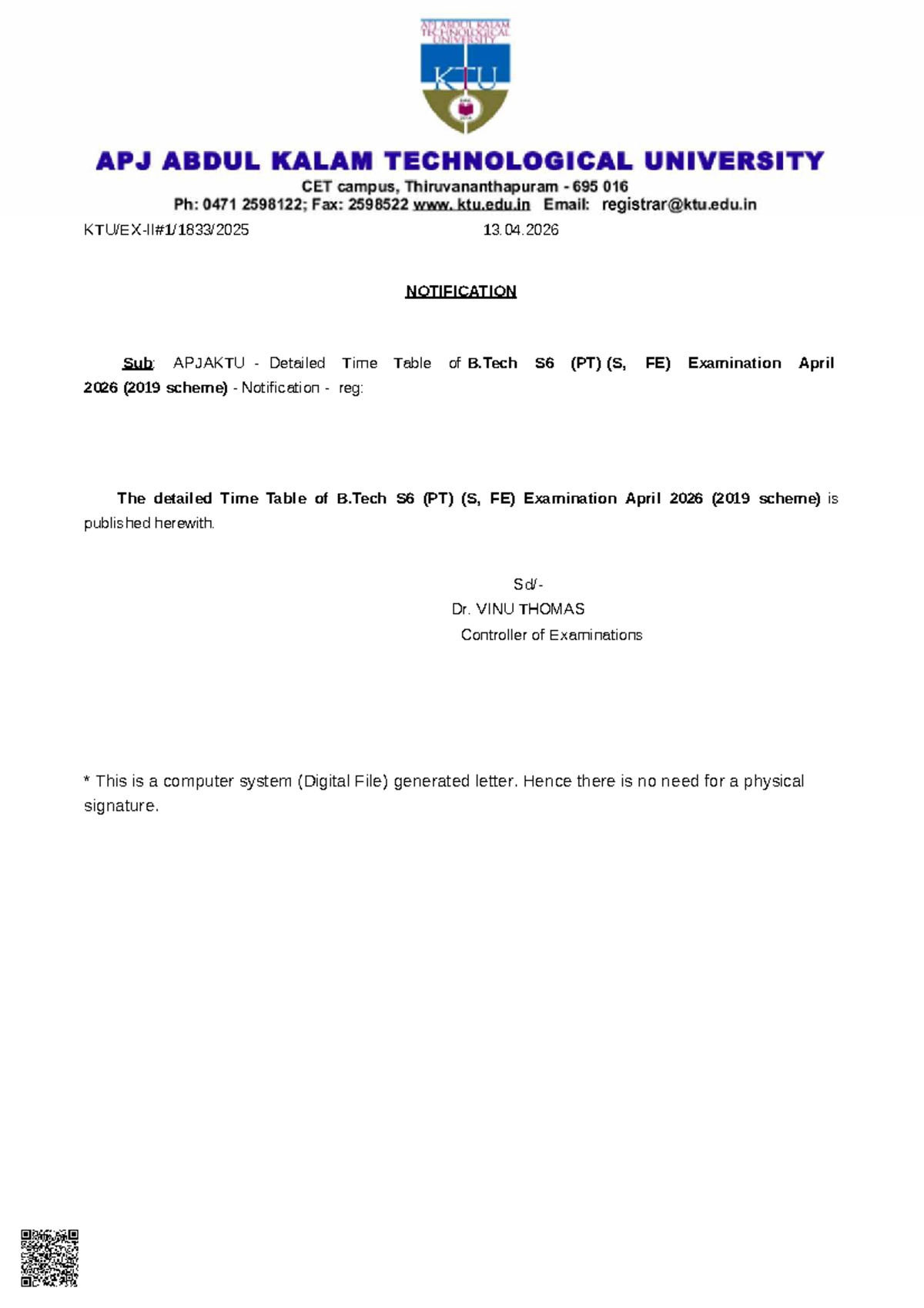 B.Tech S6 (PT) Exam April 2026 Detailed Time Table Notification - Studocu