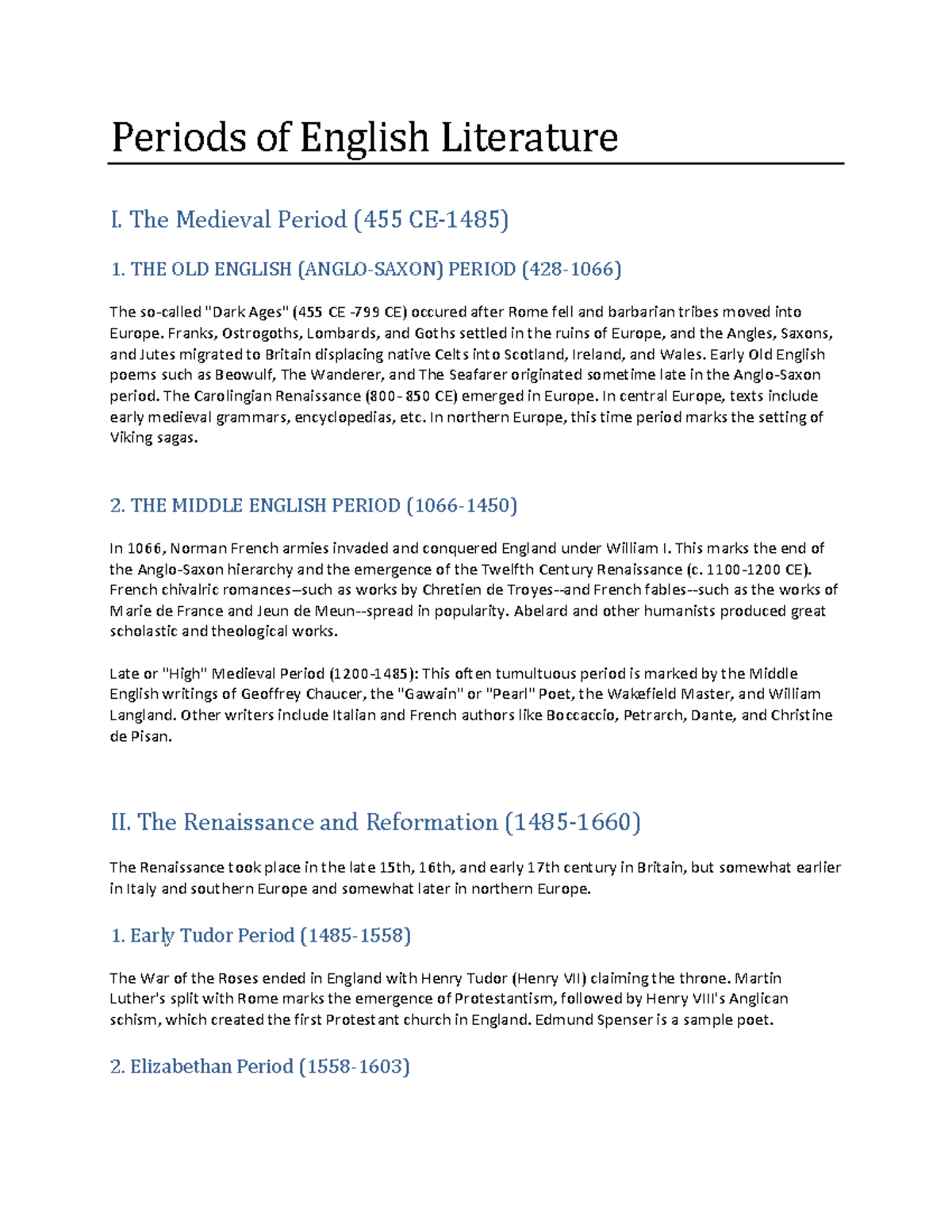 Periods of English Literature I: The Medieval to Enlightenment Eras ...