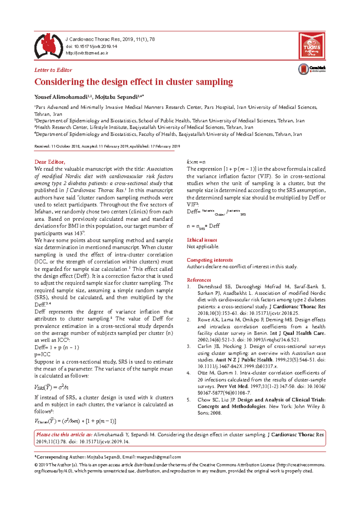 Letter to Editor on Design Effect in Cluster Sampling - JCVTR 11(1 ...