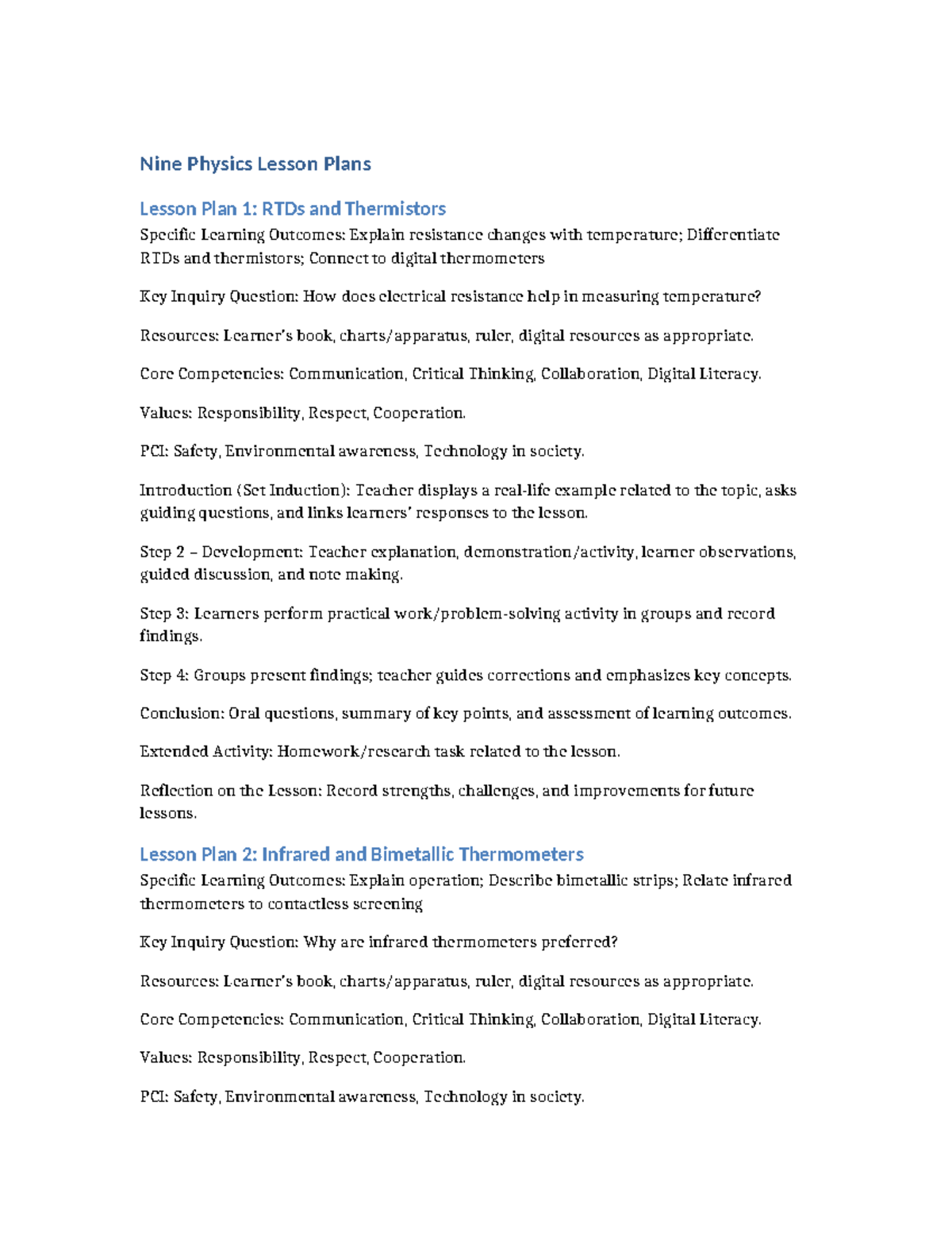 Nine Engaging Physics Lesson Plans: RTDs, Thermistors & More - Studocu