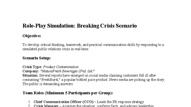 CCP Act 2 - Crisis Simulation: PR Response to Product Contamination ...