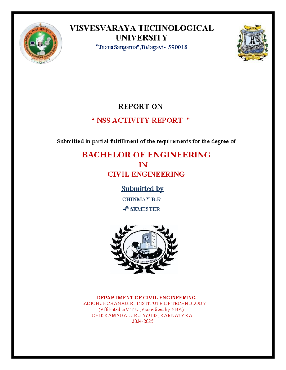 NSS Activity Report for B.E. Civil Engineering - 4th Sem (VTU) - Studocu