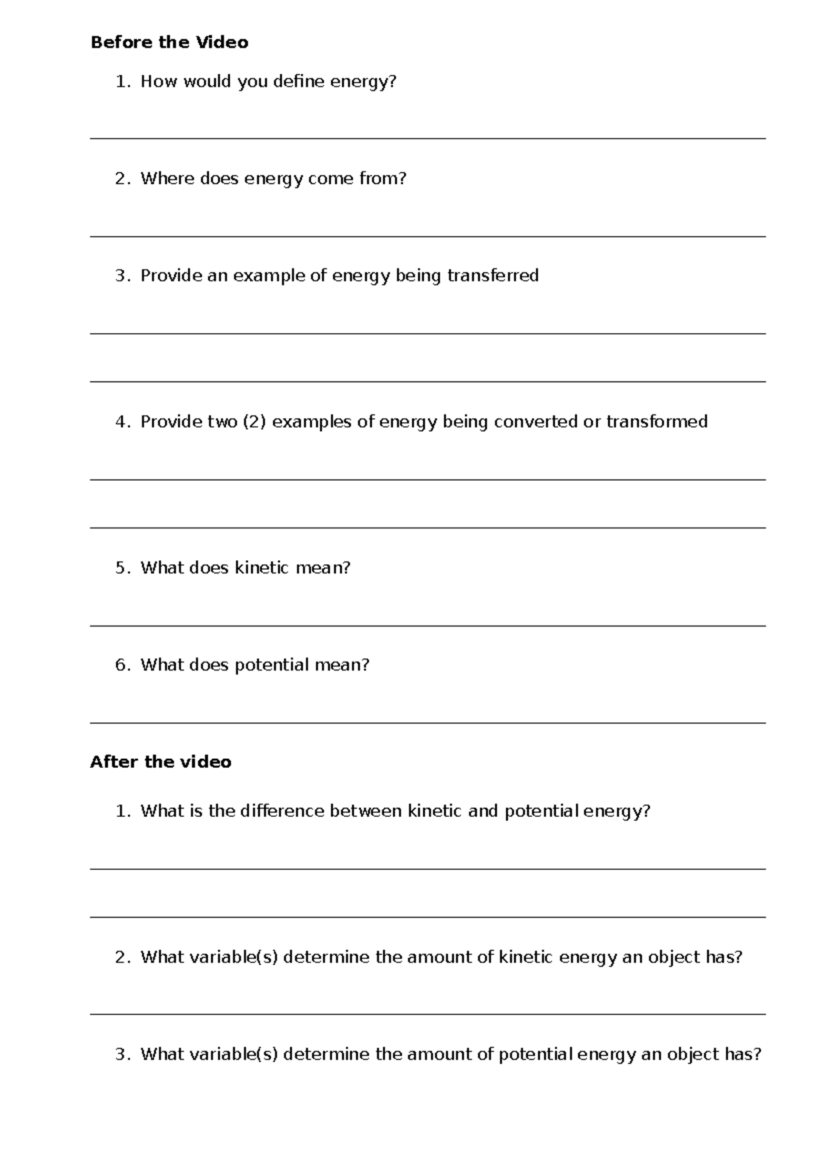 GG - Potential & Kinetic Energy Video Questions and Definitions - Studocu
