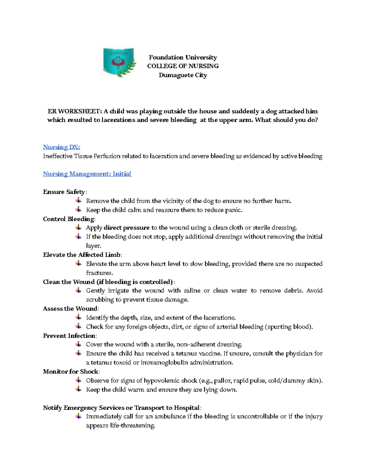 Nursing ER Worksheet: Management of Dog Bite Injury in Children - Studocu