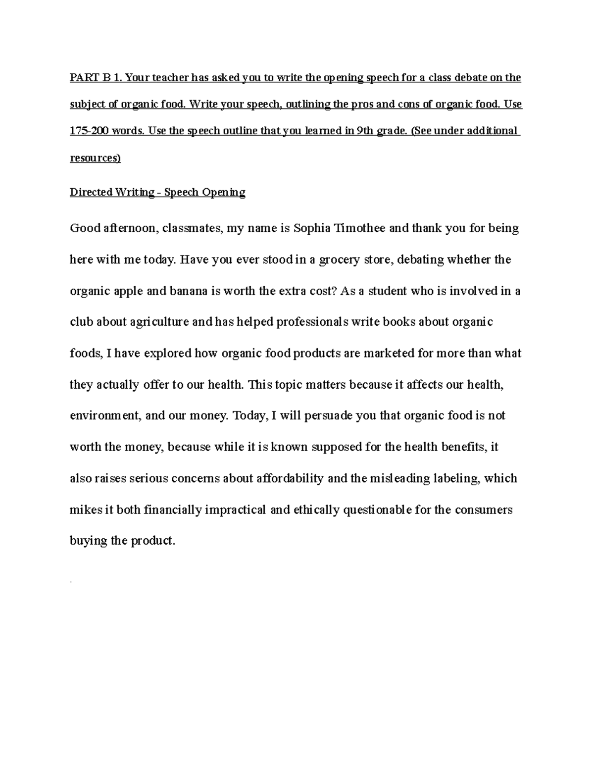 Directed Writing - Speech Opening on Organic Food Debate - Studocu