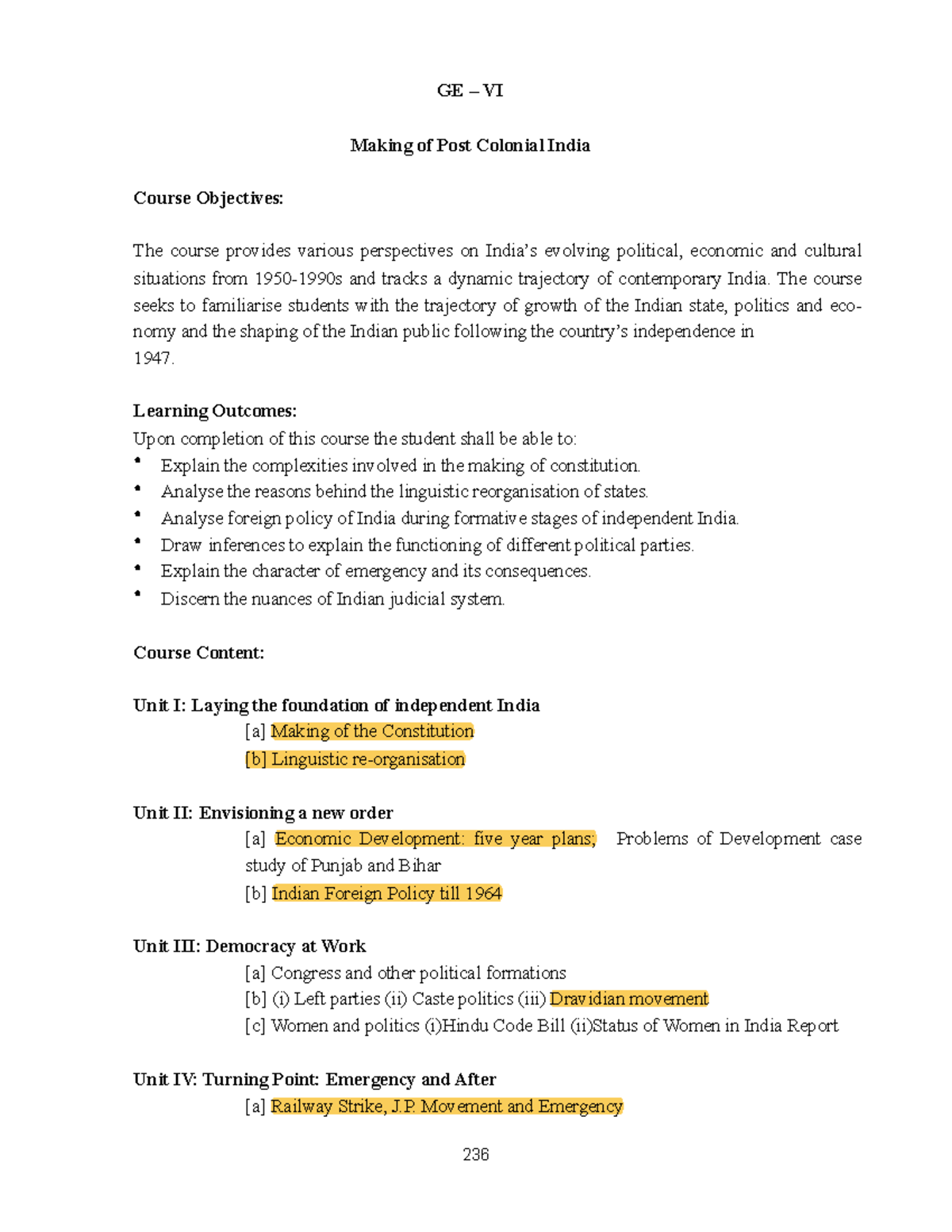 Making of Post-Colonial India (GE-VI): Political & Economic Dynamics ...