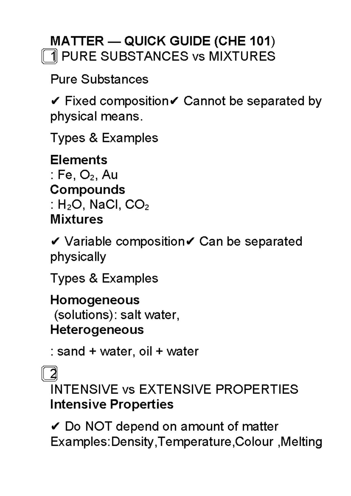 CHE 101 Matter Quick Guide: Pure Substances vs Mixtures - Studocu