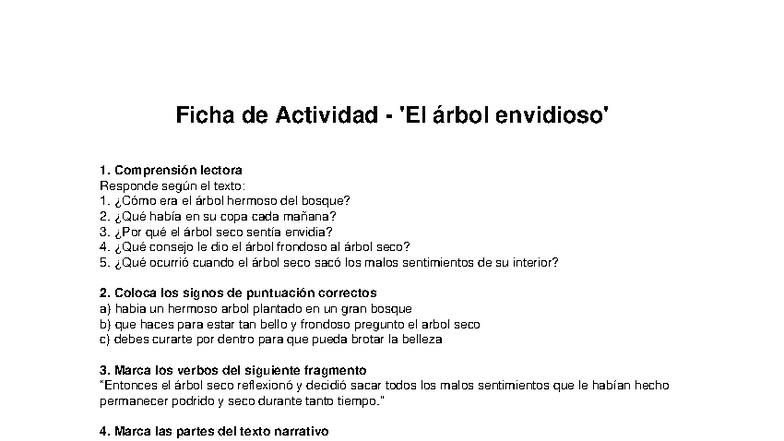 Ficha de Actividad: Comprensión Lectora sobre el Árbol Envidioso - Studocu