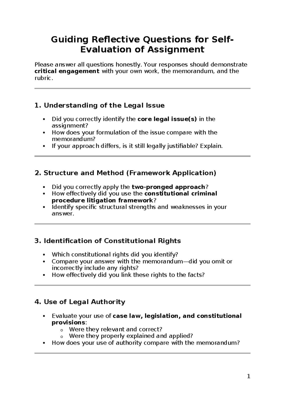 Guiding Self-Reflective Questions for Assignment 1 Evaluation - Studocu
